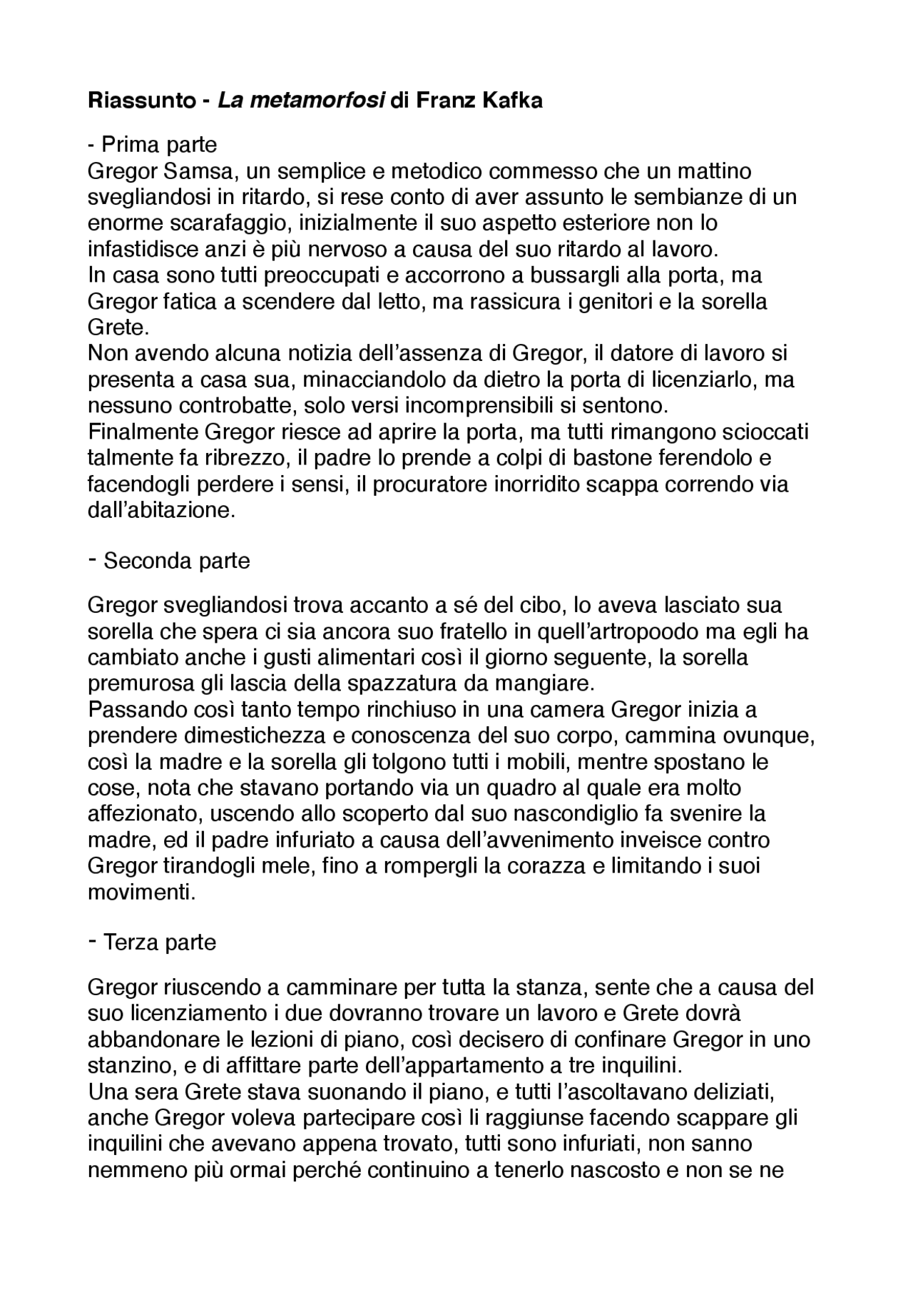 Riassunto La Metamorfosi Di Franz Kafka Docsity