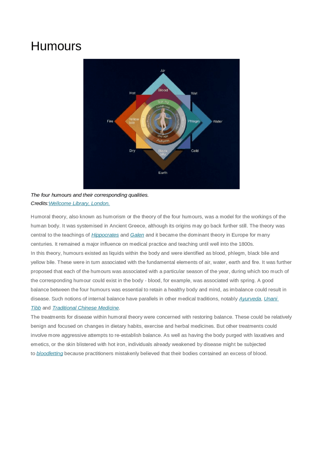 Riassunto Humors The four humours and their corresponding qualities ...