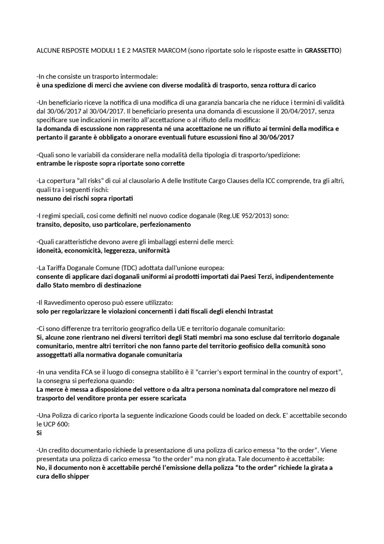 Risposte Moduli 1 E 2 Master Marcom Prove Desame Di Commercio