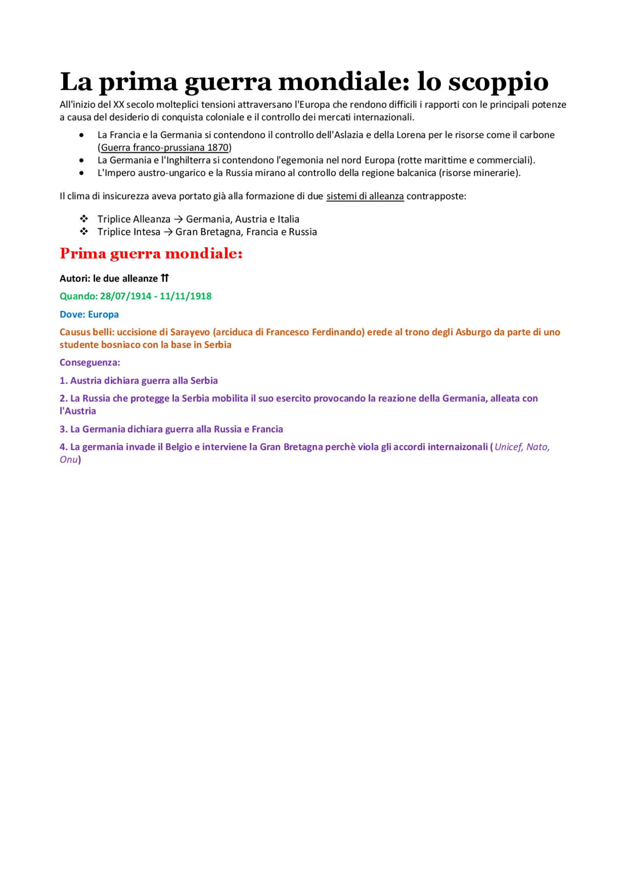 Lo scoppio della prima guerra mondiale - Docsity
