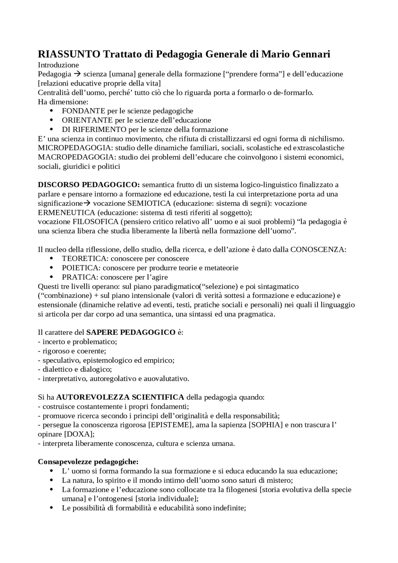 Riassunto Trattato Di Pedagogia Generale Docsity