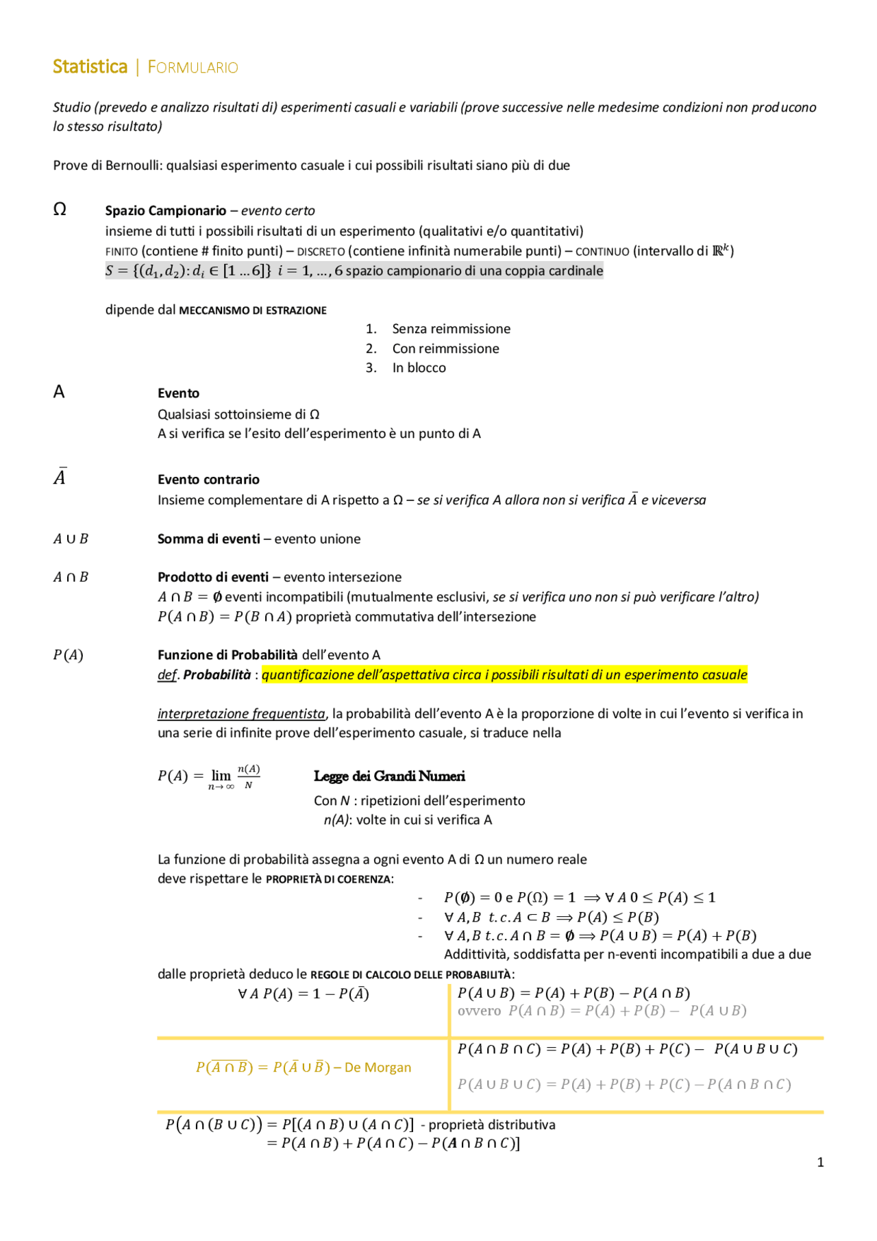 Formulario di Statistica - Docsity