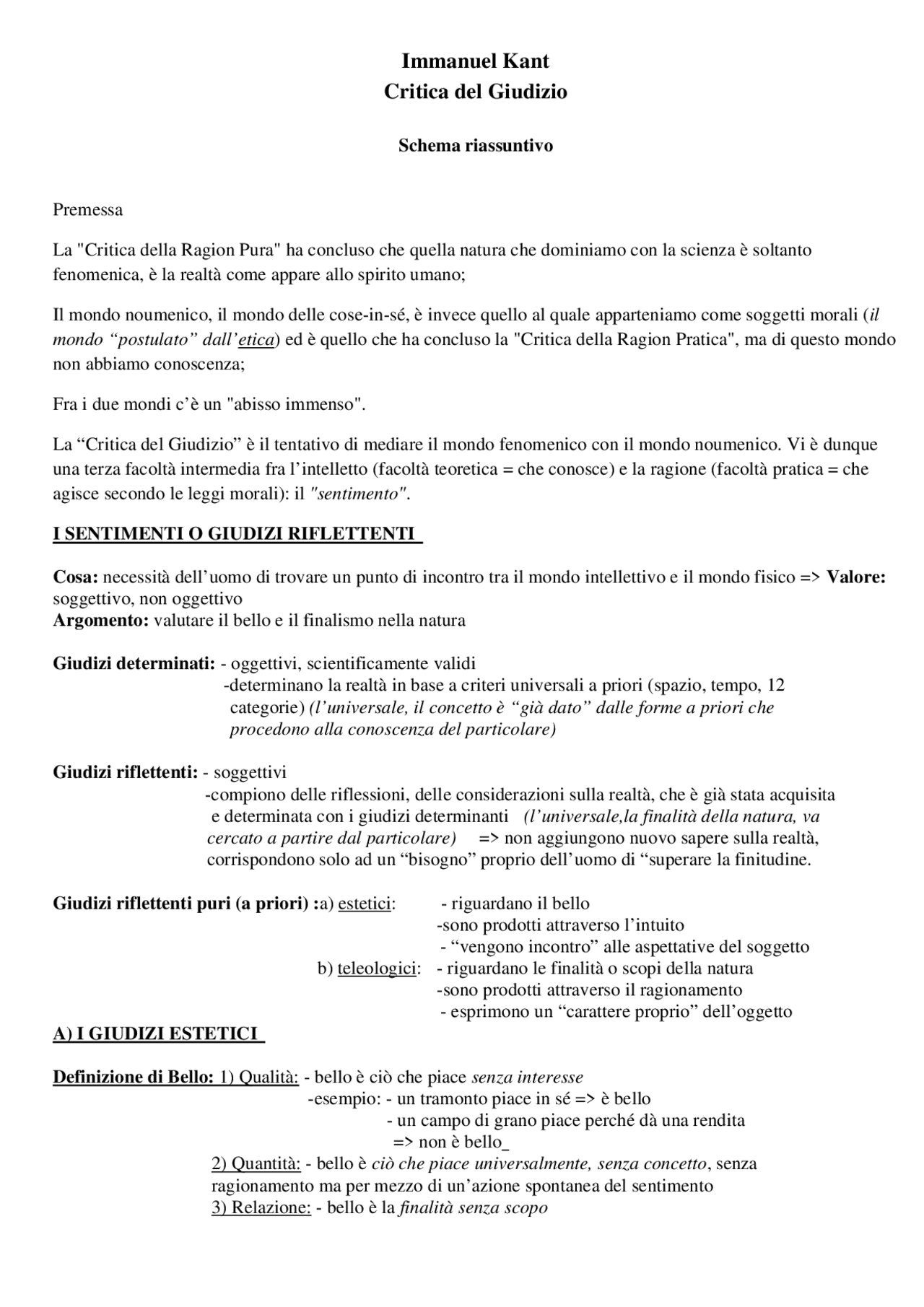 Kant La Critica Del Giudizio Docsity