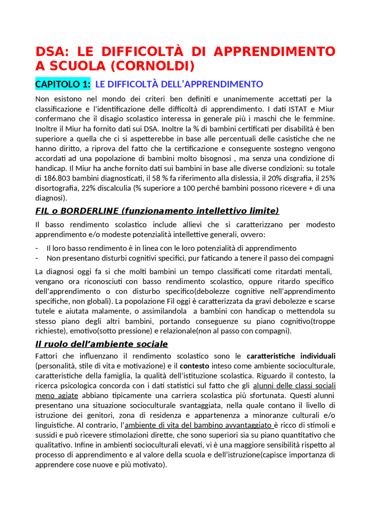 Riassunto Del Libro I Disturbi Dellapprendimento Di Cornoldi