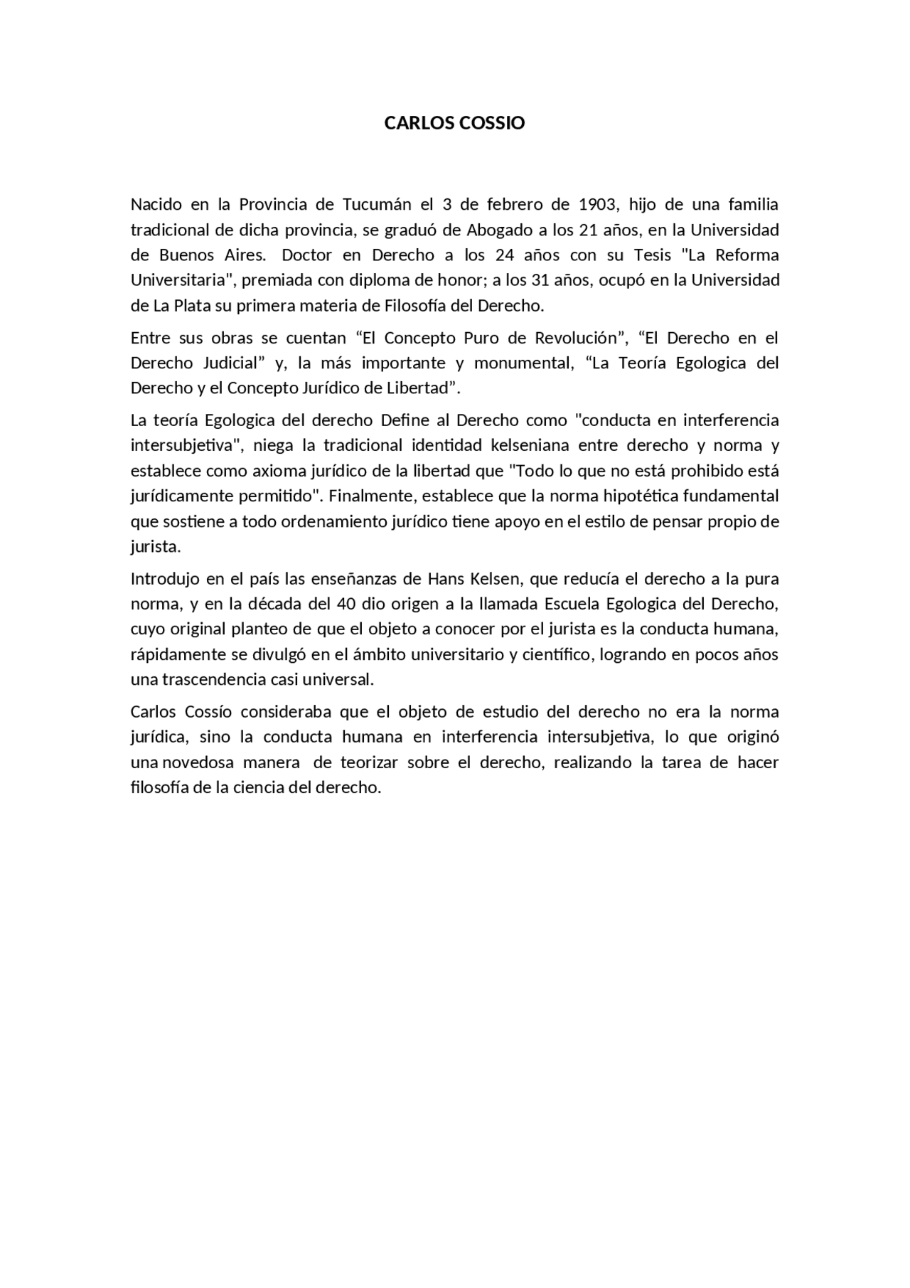 Nota sobre carlos cossio - Docsity