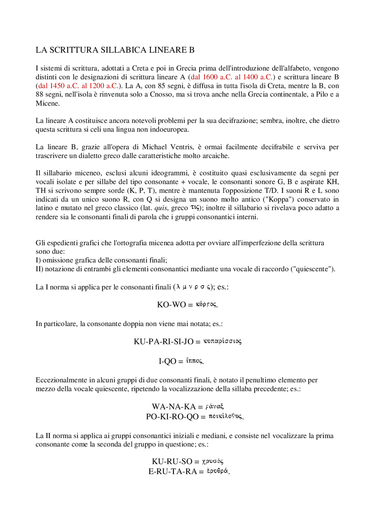 La scrittura sillabica Lineare B - Docsity