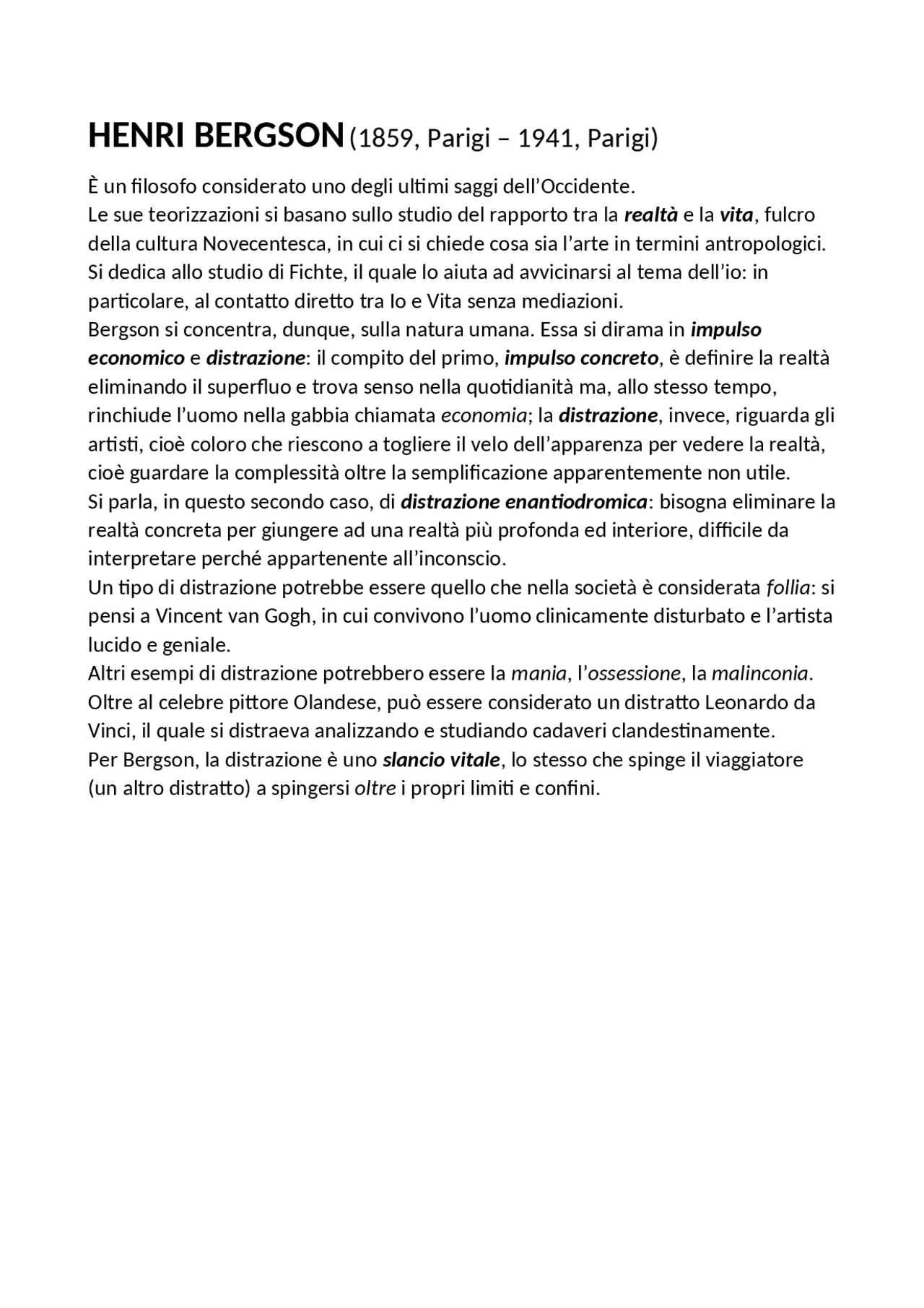 Henri Bergson In Generale Riassunto Breve Docsity