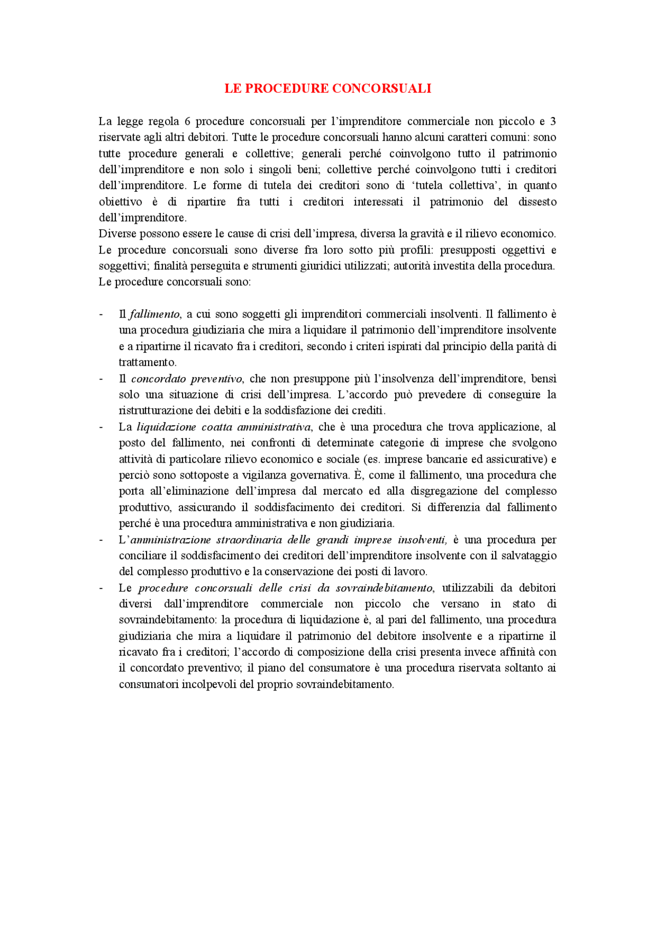 Le Procedure Concorsuali Diritto Commerciale Docsity