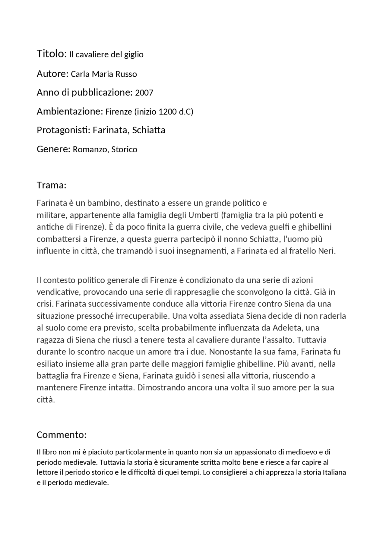 Il Cavaliere Del Giglio Riassunto E Commento Docsity