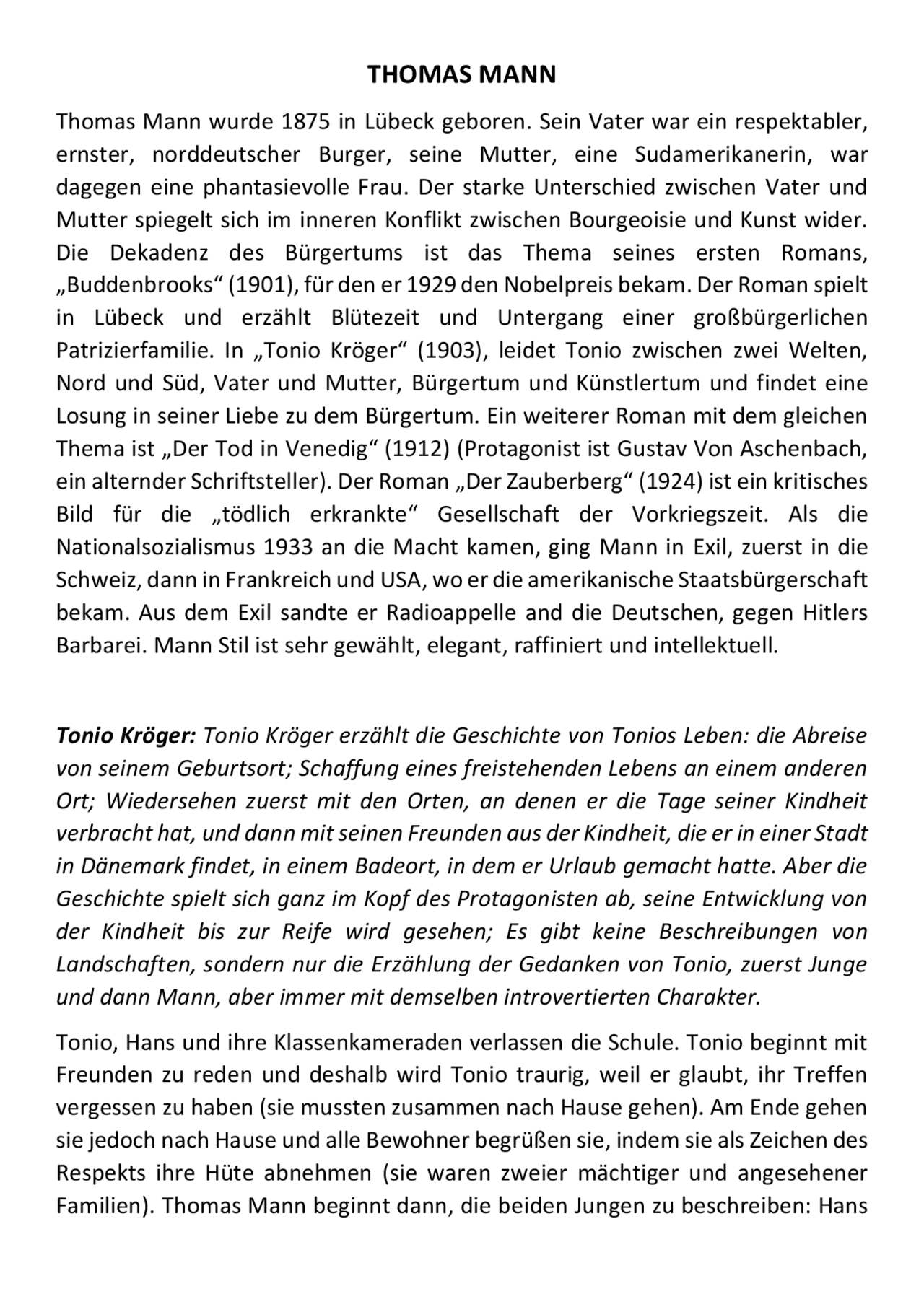Thomas Mann Leben Und Tonio Kröger Docsity