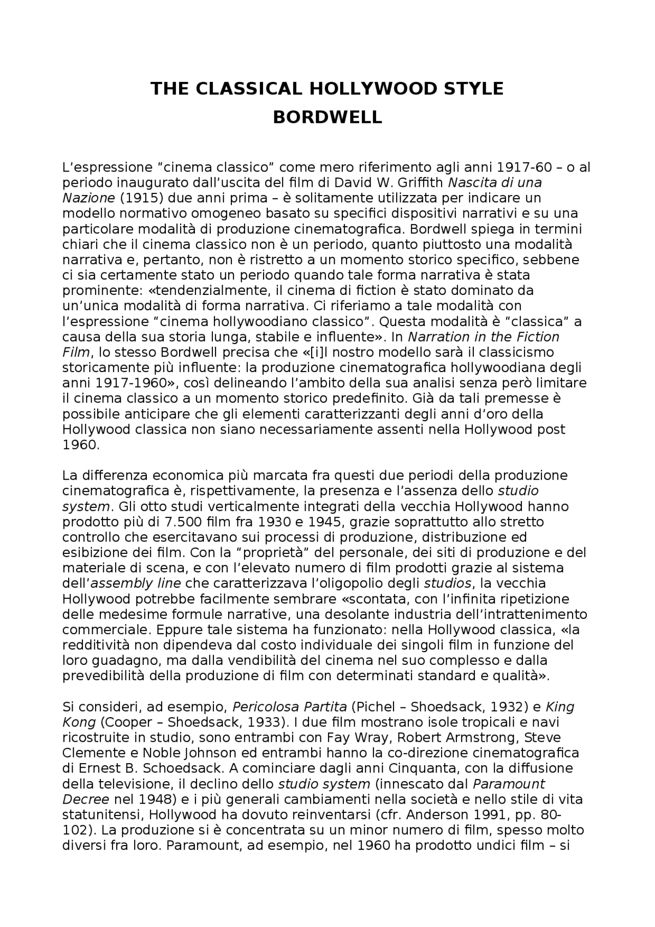 The classical hollywood style - Bordwell - Docsity