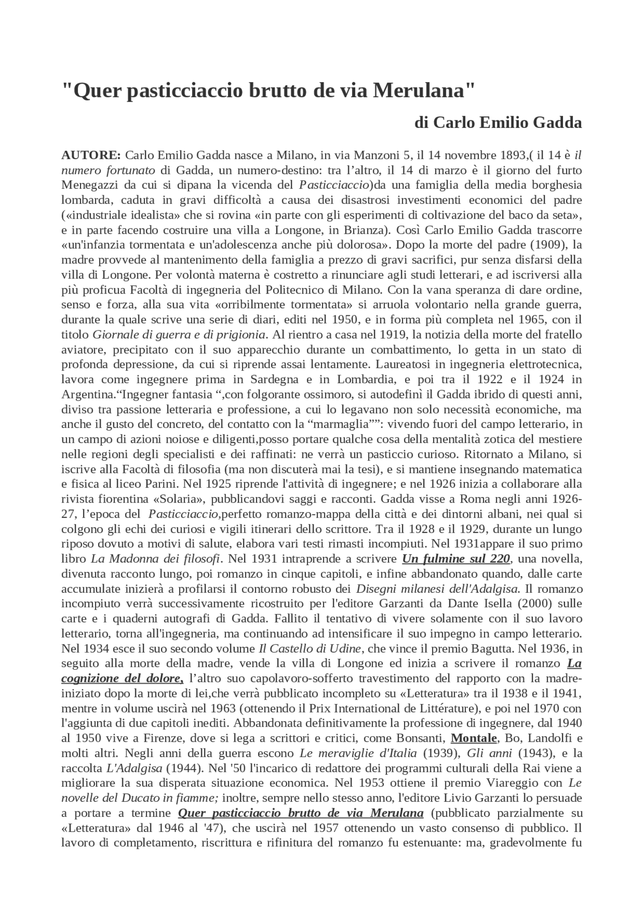 Quer Pasticciaccio Brutto De Via Merulana Gadda Docsity