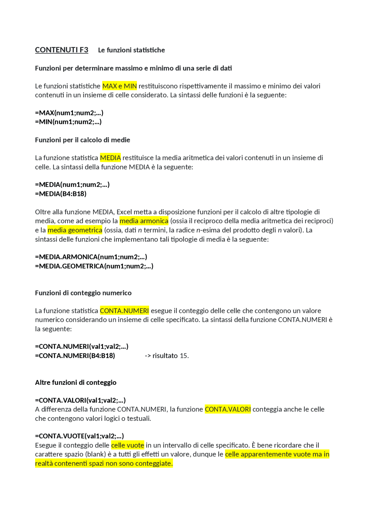 Funzioni Su Excel Docsity
