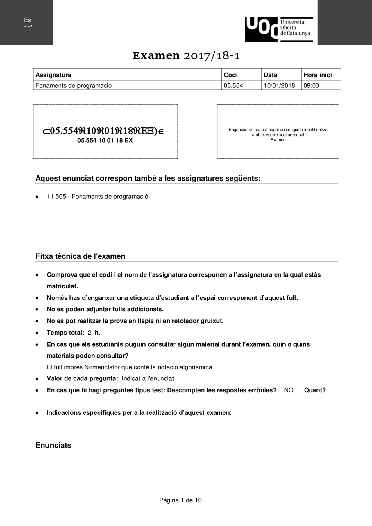 Examen Fundamentos De Programación 20172018 Docsity