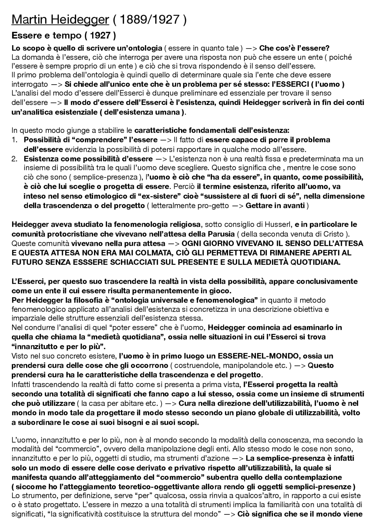 Schema Riassuntivo Su Heidegger Docsity