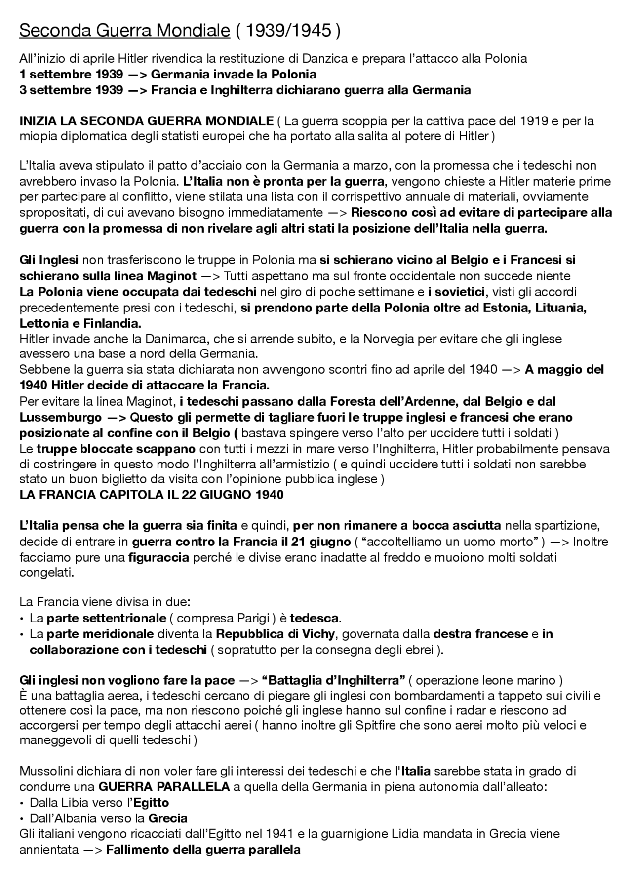 Schema Riassuntivo Della Seconda Guerra Mondiale Docsity