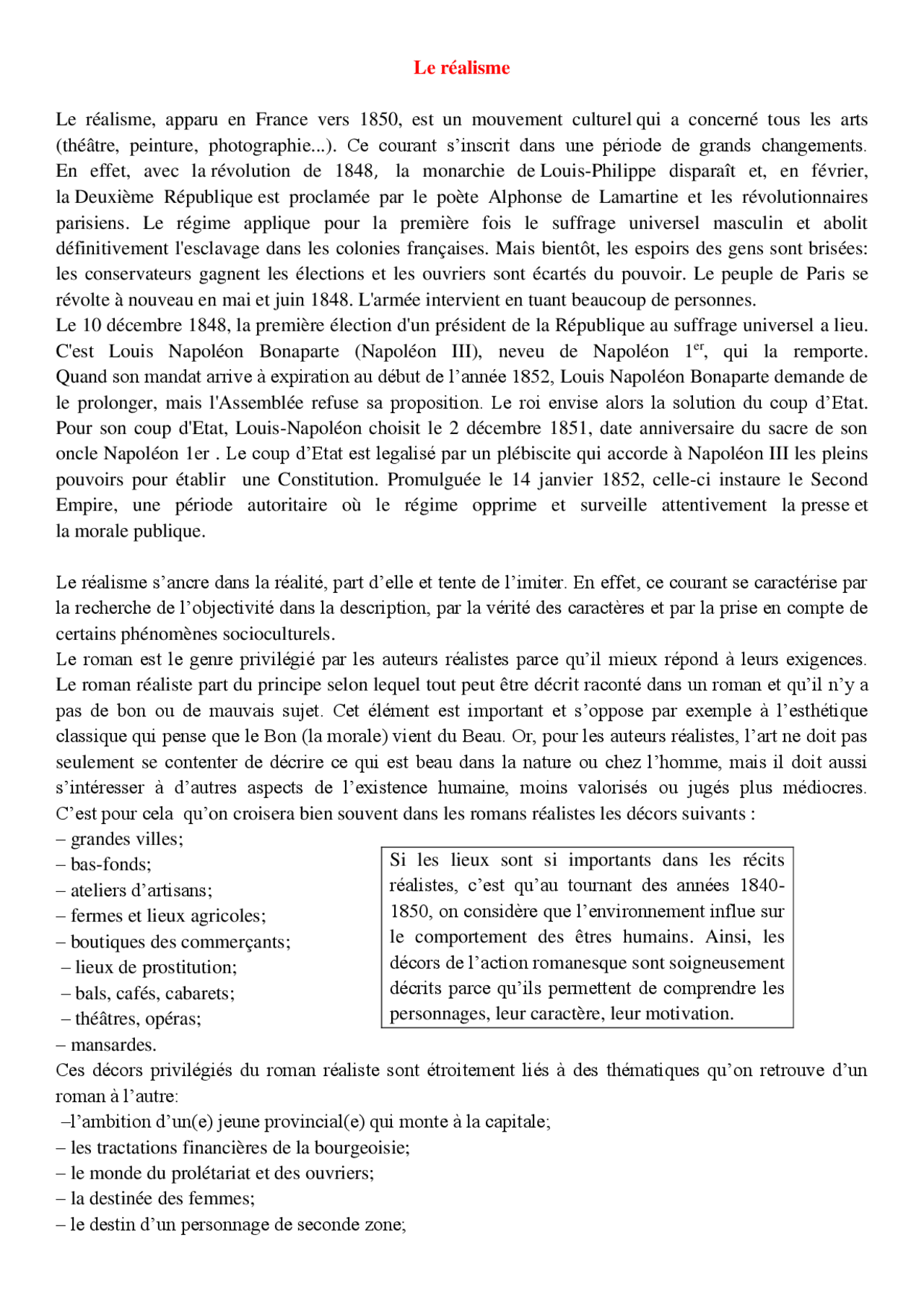 Appunti In Francese Sul Realismo Docsity