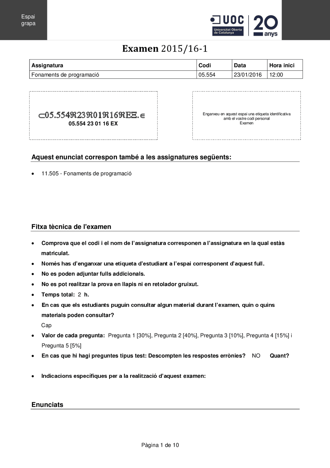 Examen Fundamentos De Programación 20152016 Docsity