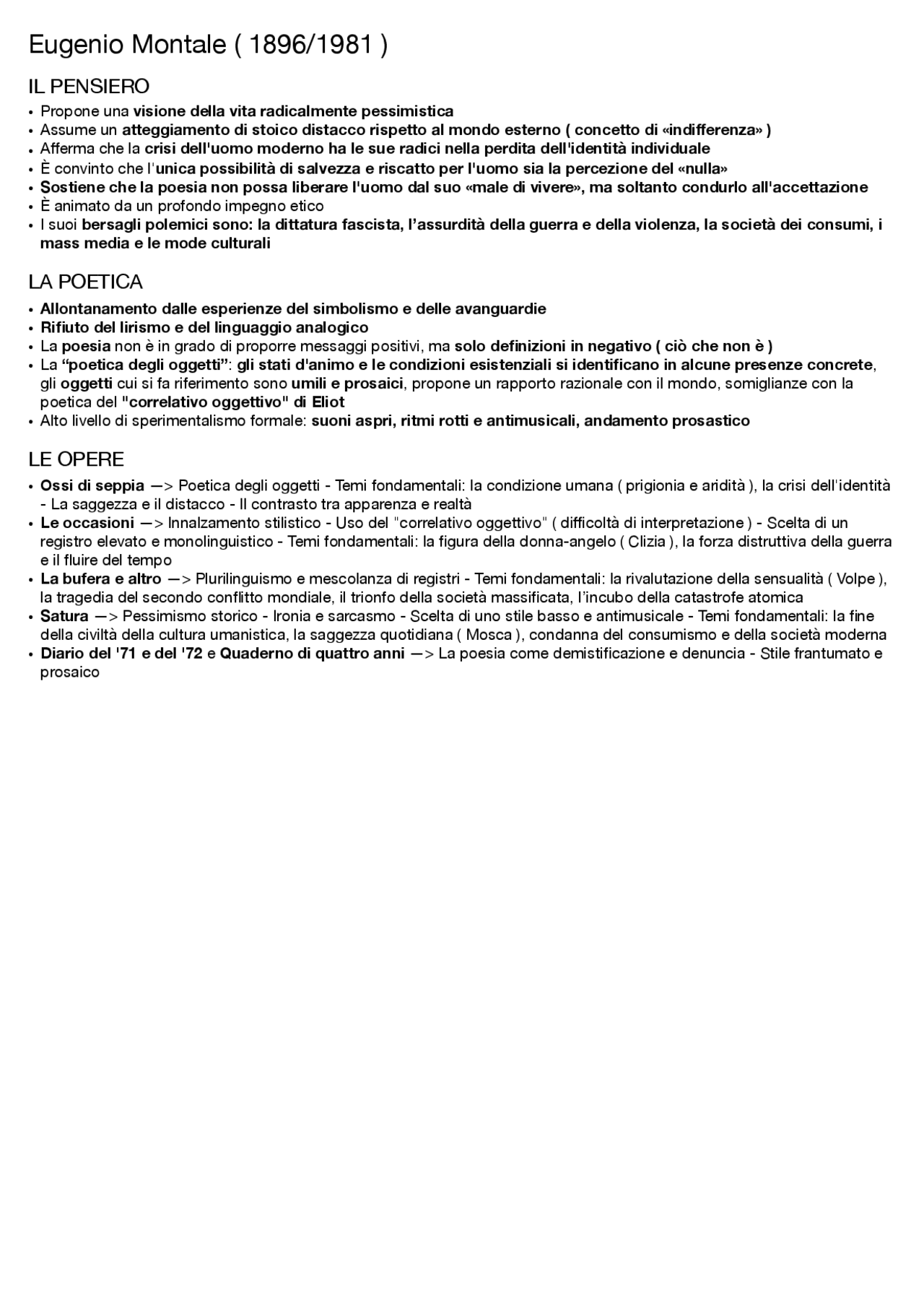Schema Riassuntivo Su Montale Docsity