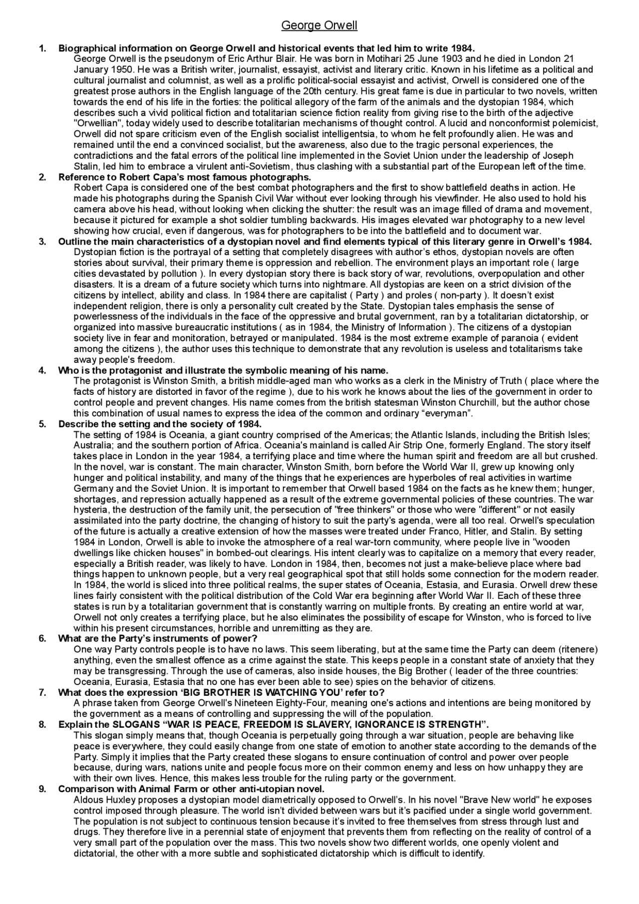 Schema Riassuntivo Su Orwell Docsity