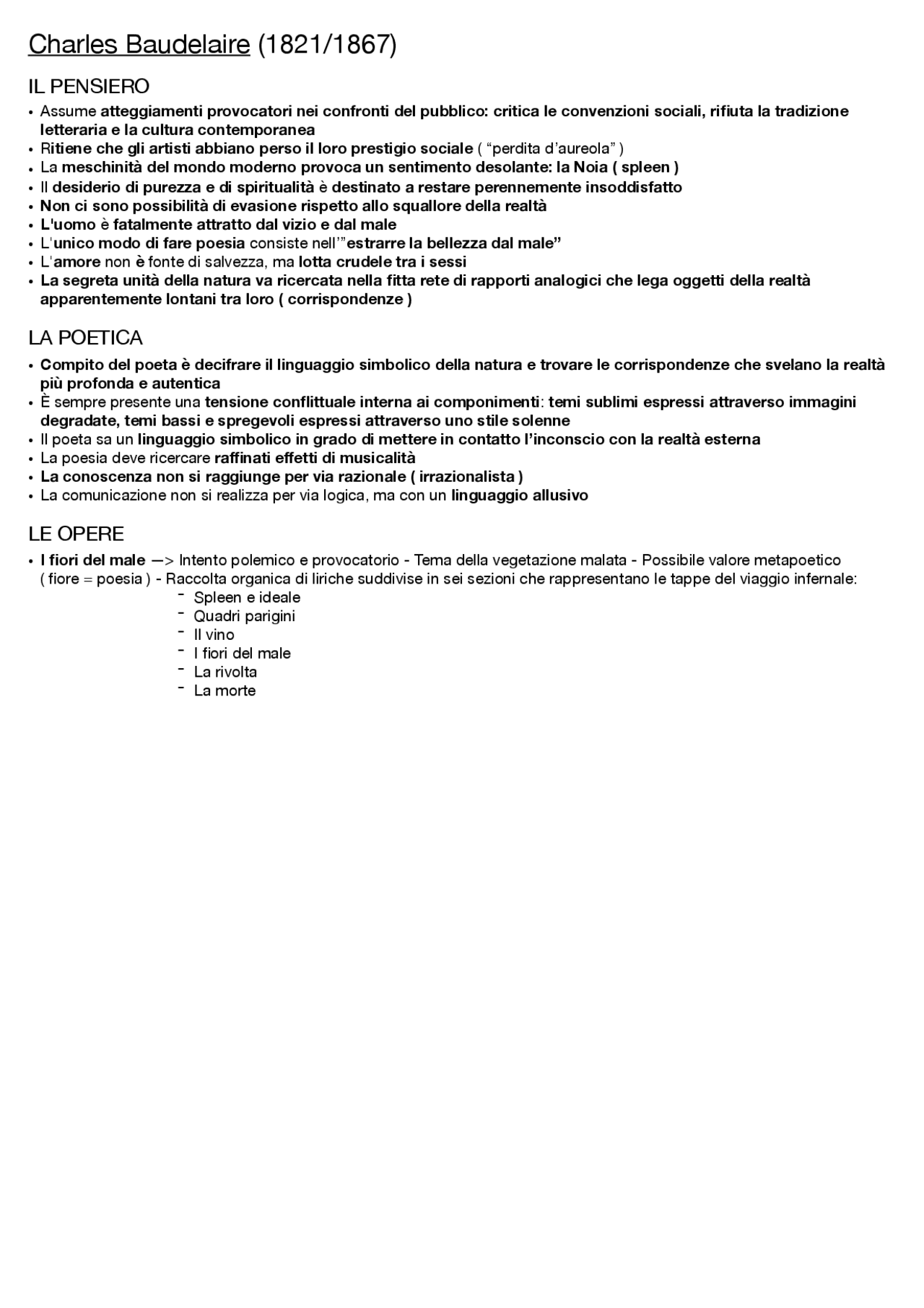 Schema Riassuntivo Su Baudelaire Docsity