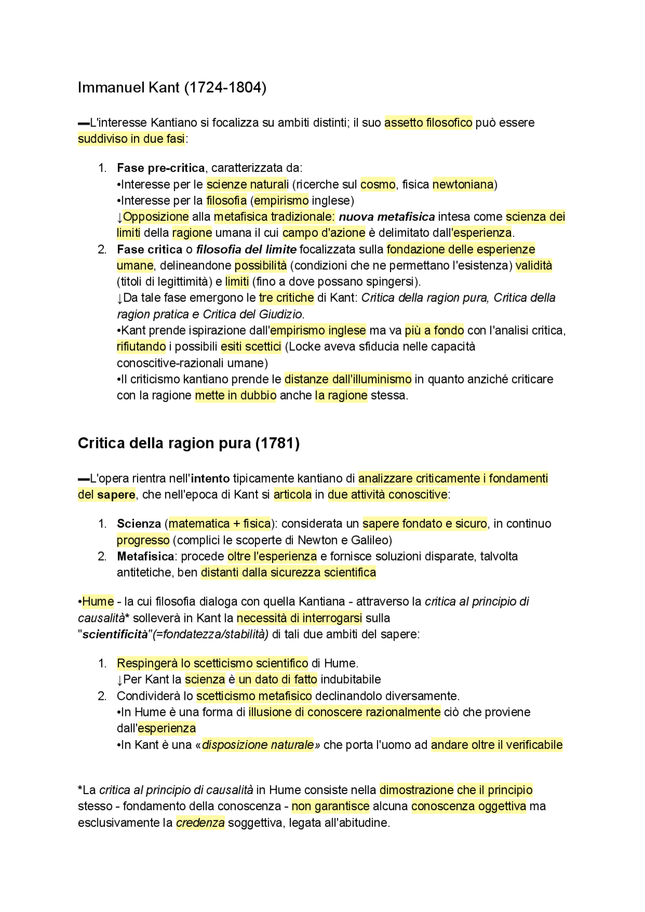 Appunti Kant Critica Della Ragion Pura In Pillole Docsity