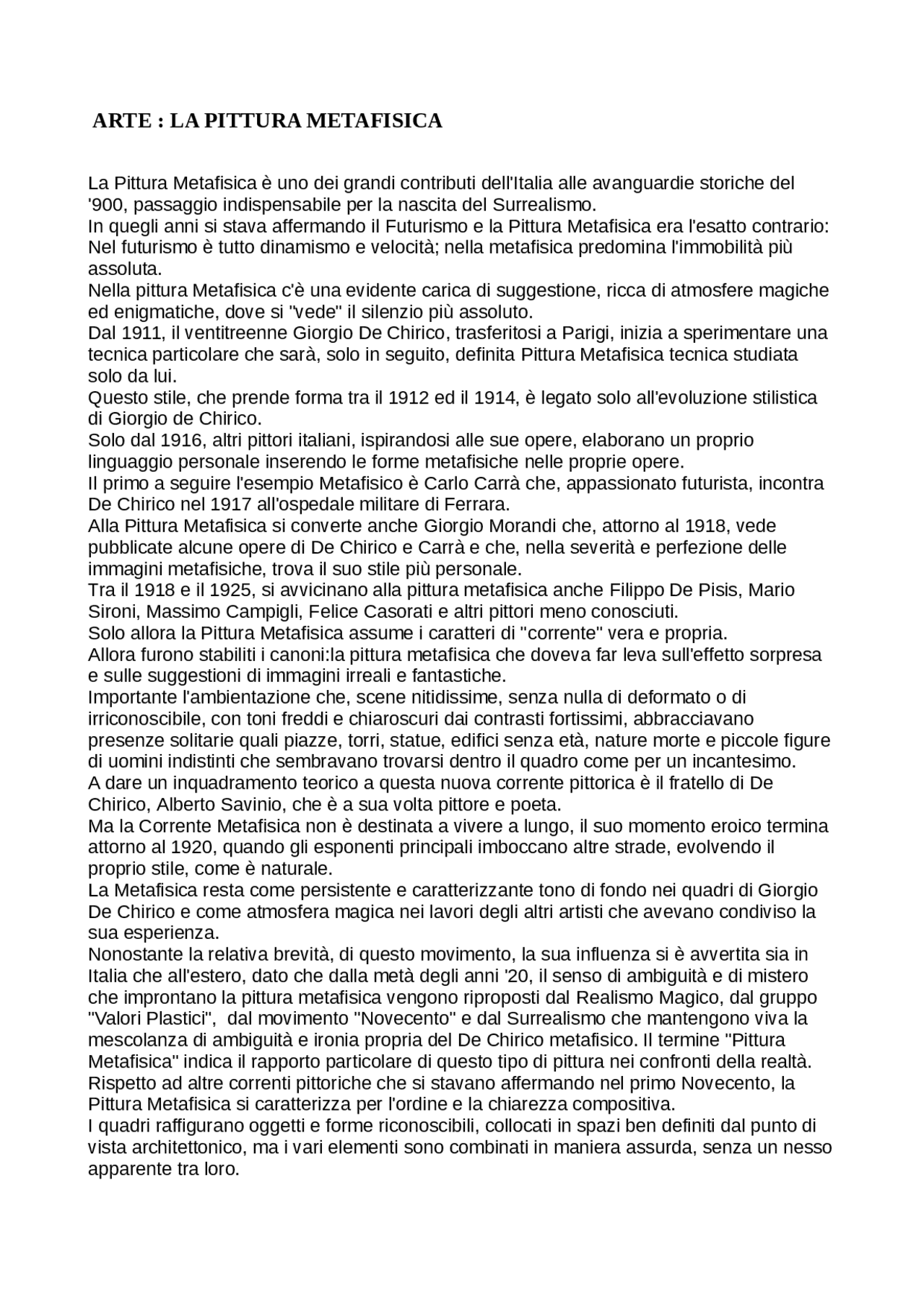 Arte Pittura Metafisica Liceo Docsity