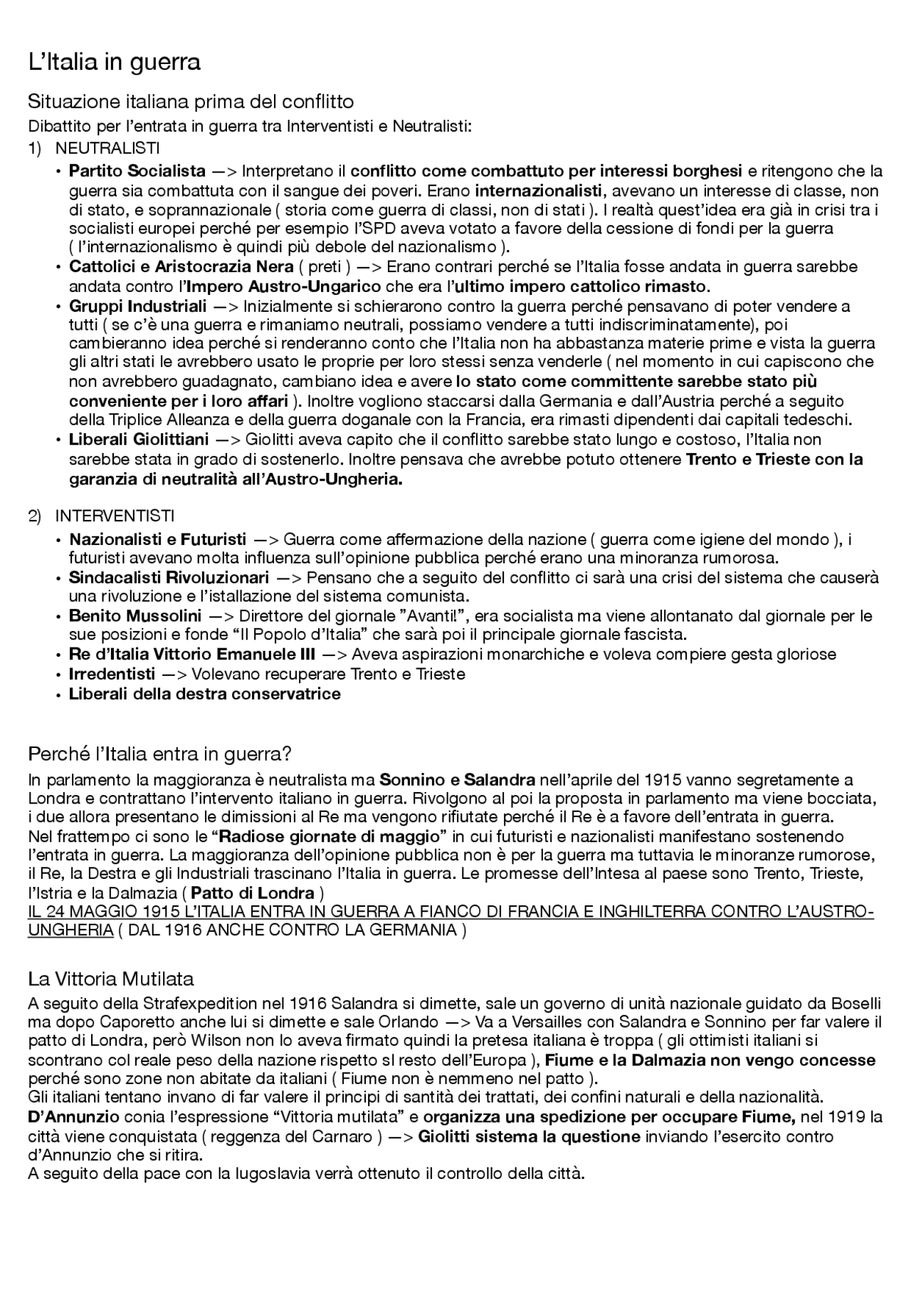 Schema Riassuntivo Sullitalia Nella Prima Guerra Mondiale Docsity
