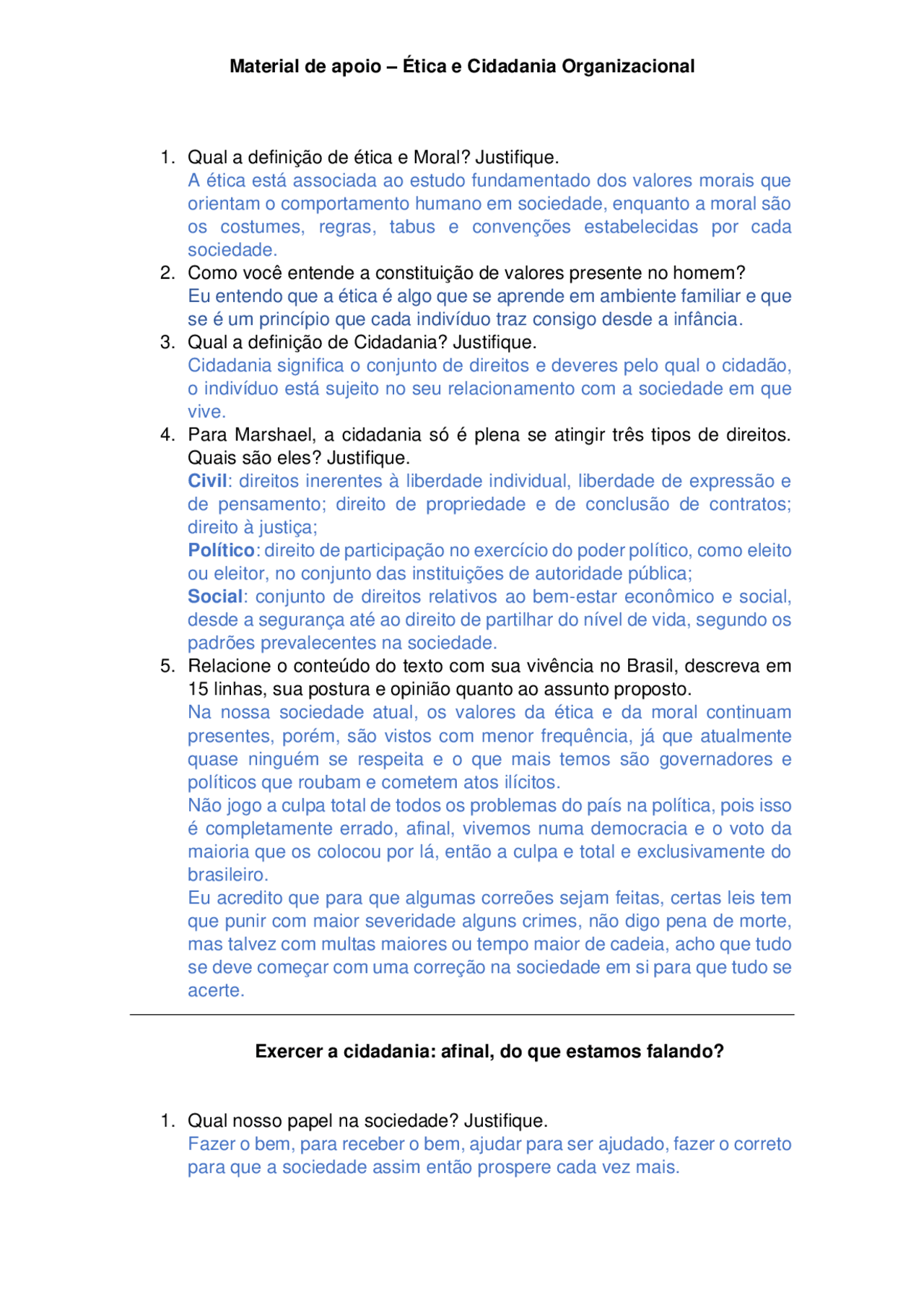 Valores, Moral, Ética e Cidadania. | Exercícios Química | Docsity