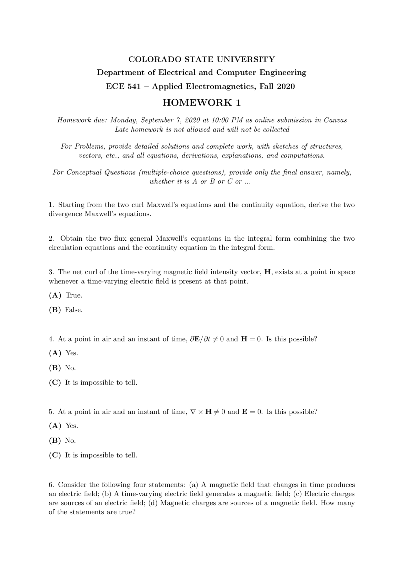 ECE 541 Applied Electromagnetics Homework 1 | Assignments Electrical ...