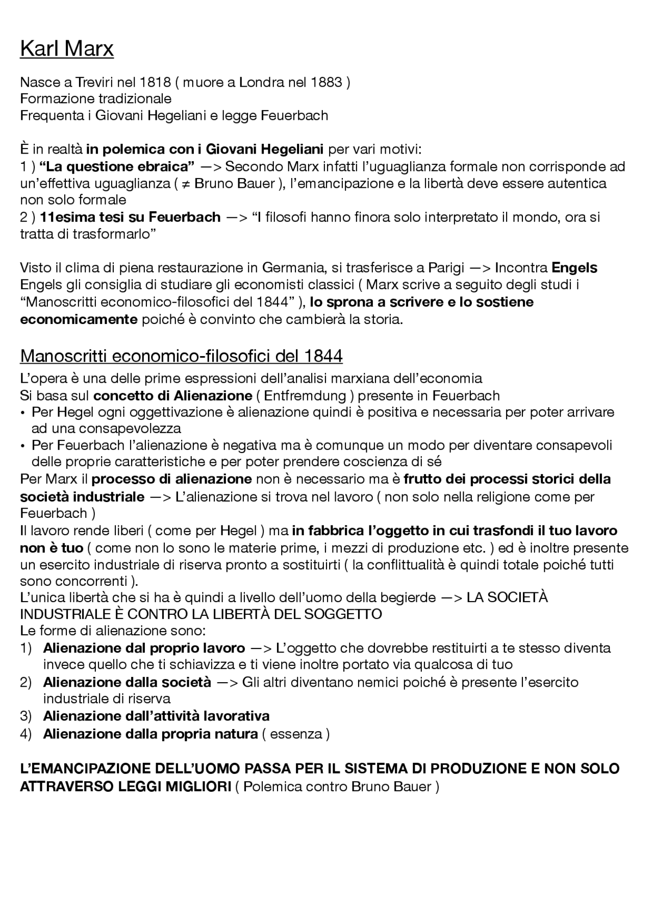 Schema Riassuntivo Su Karl Marx Docsity