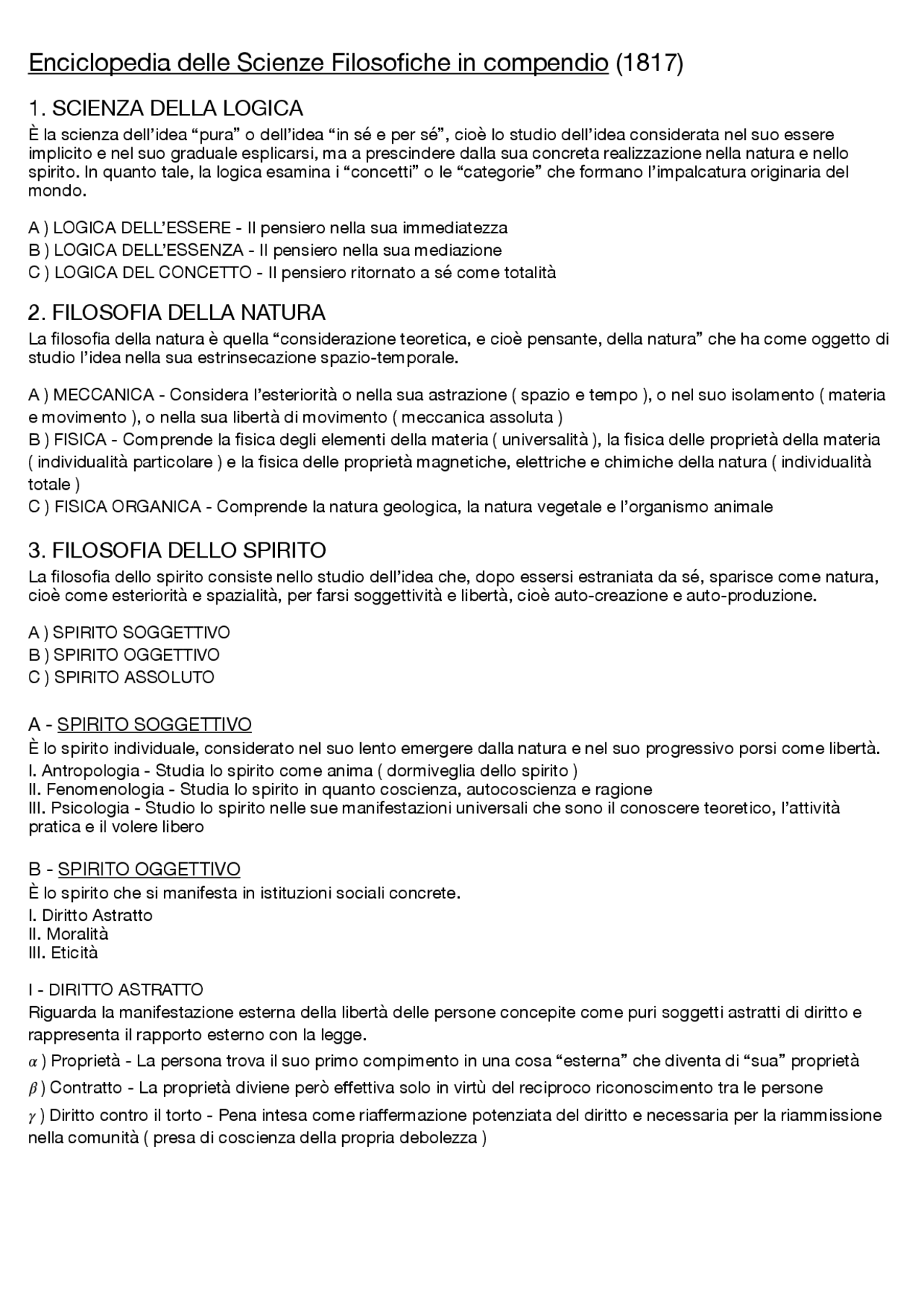 Schema Riassuntivo Dellenciclopedia Delle Scienze Filosofiche Di Hegel