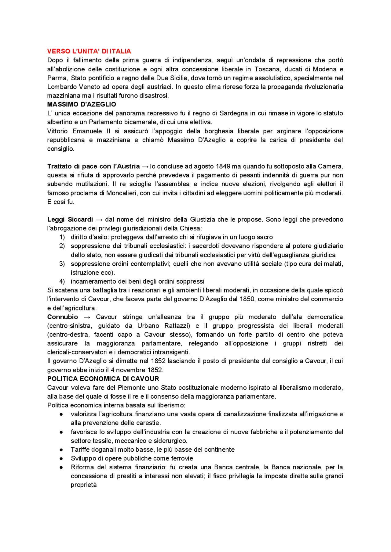 Riassunto risorgimento italiano - Docsity