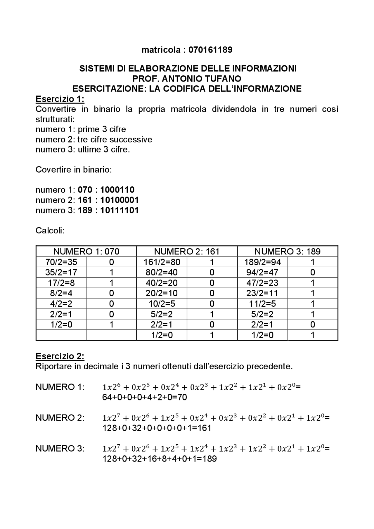 Sistemi Di Elaborazione Delle Informazioni Esercitazione La Codifica