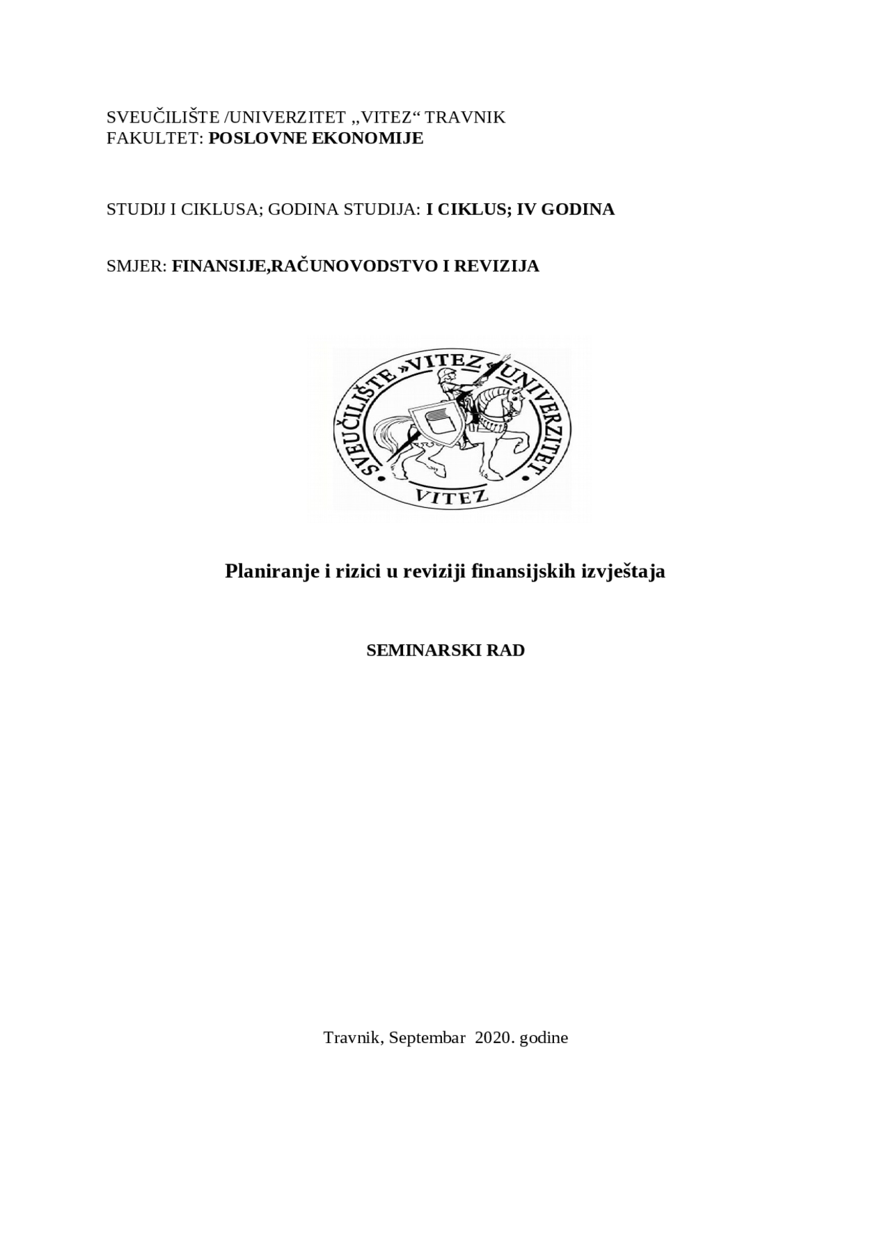 Planiranje i rizici u reviziji finansijskih izvještaja | Seminarski ...