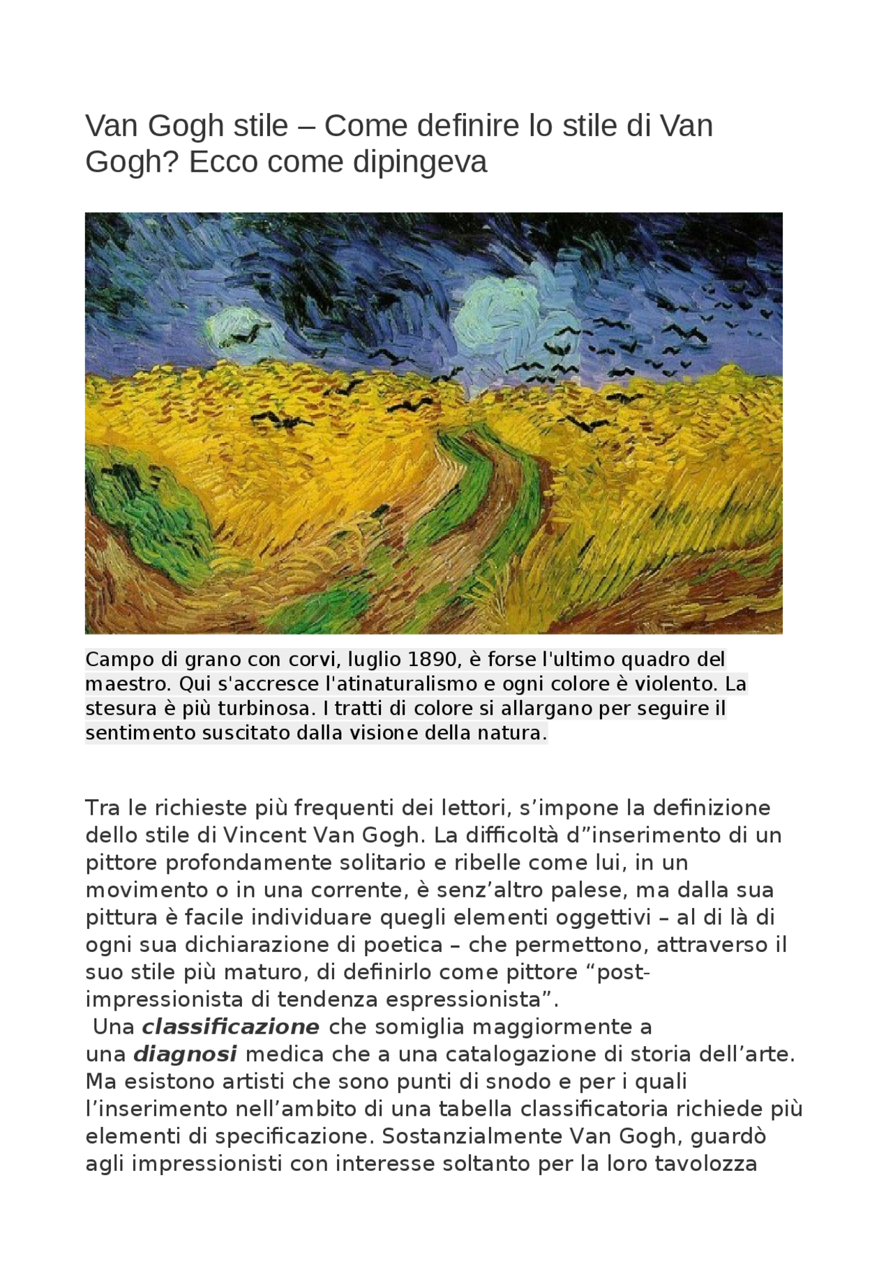Van Gogh stile pittorico - Docsity