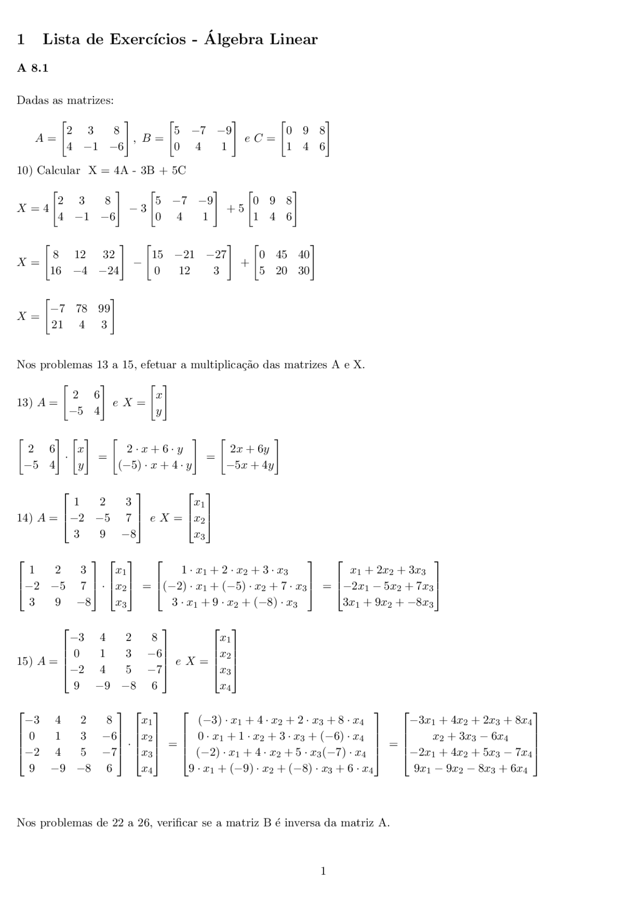 Lista De Algebra Linear Matrizes Docsity