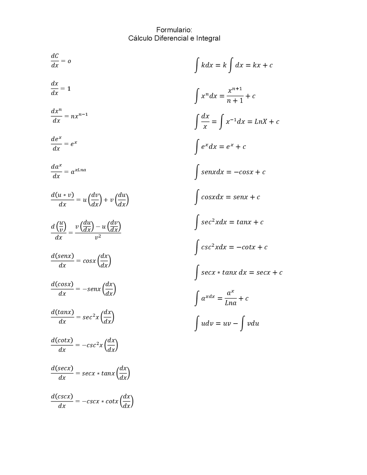 FORMULARIO CALCULO INTEGRALES | Esercizi di Matematica | Docsity