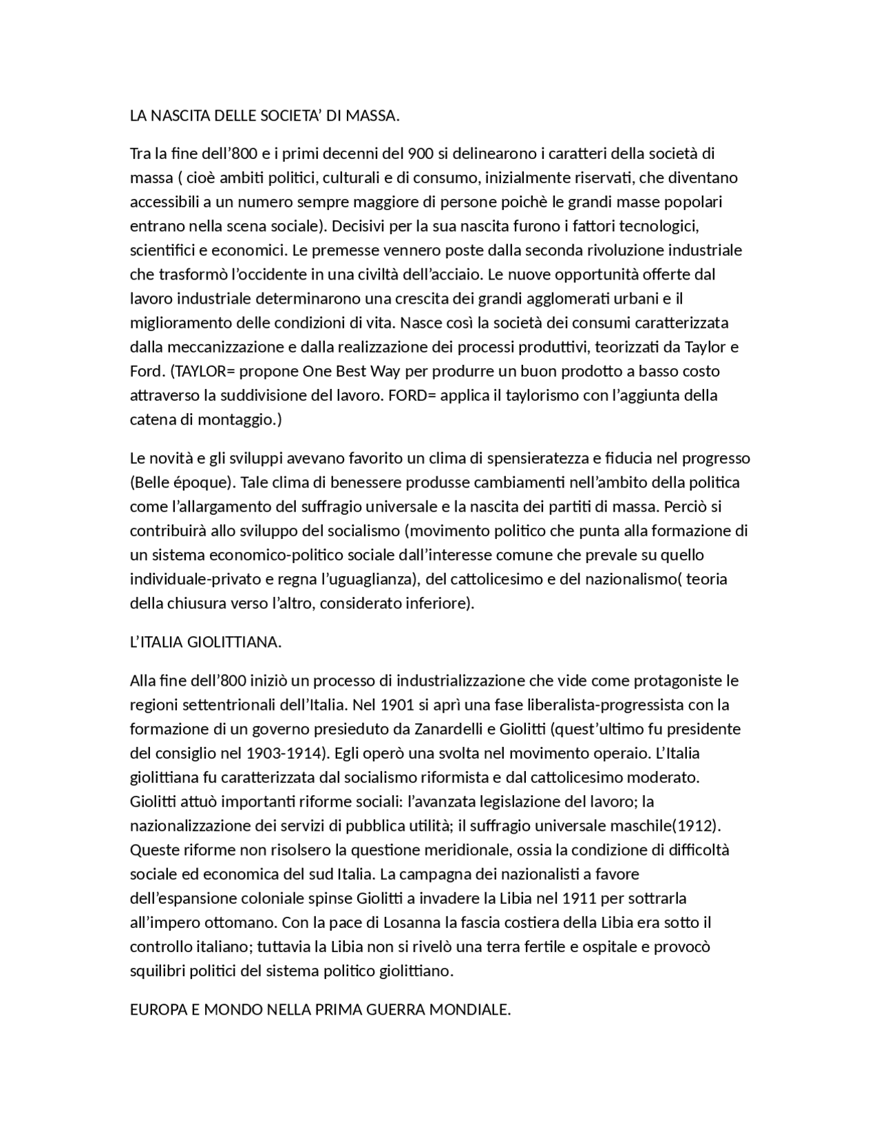 Appunti Brevi E Schematici Di Storia Docsity