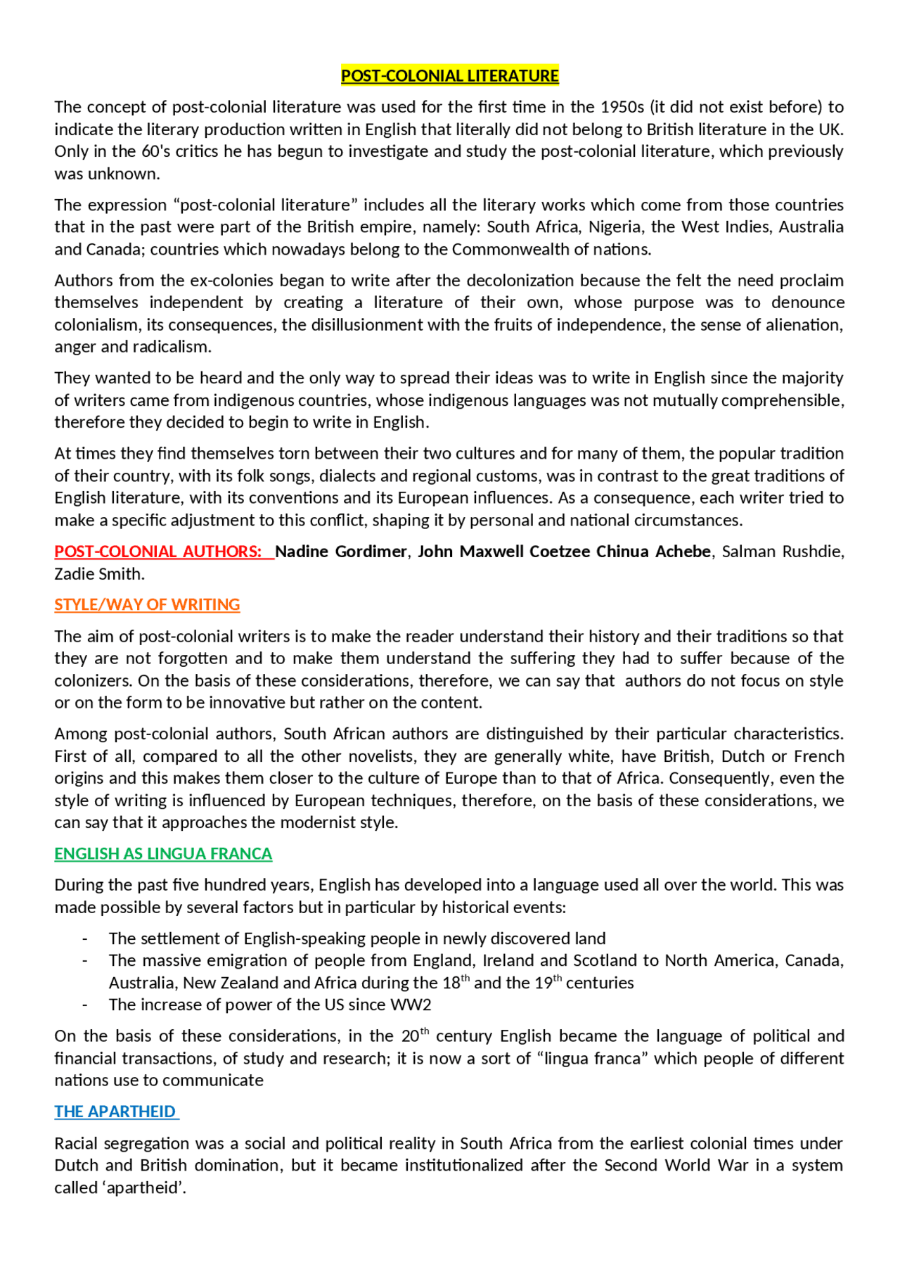 POST COLONIAL LITERATURE - Docsity