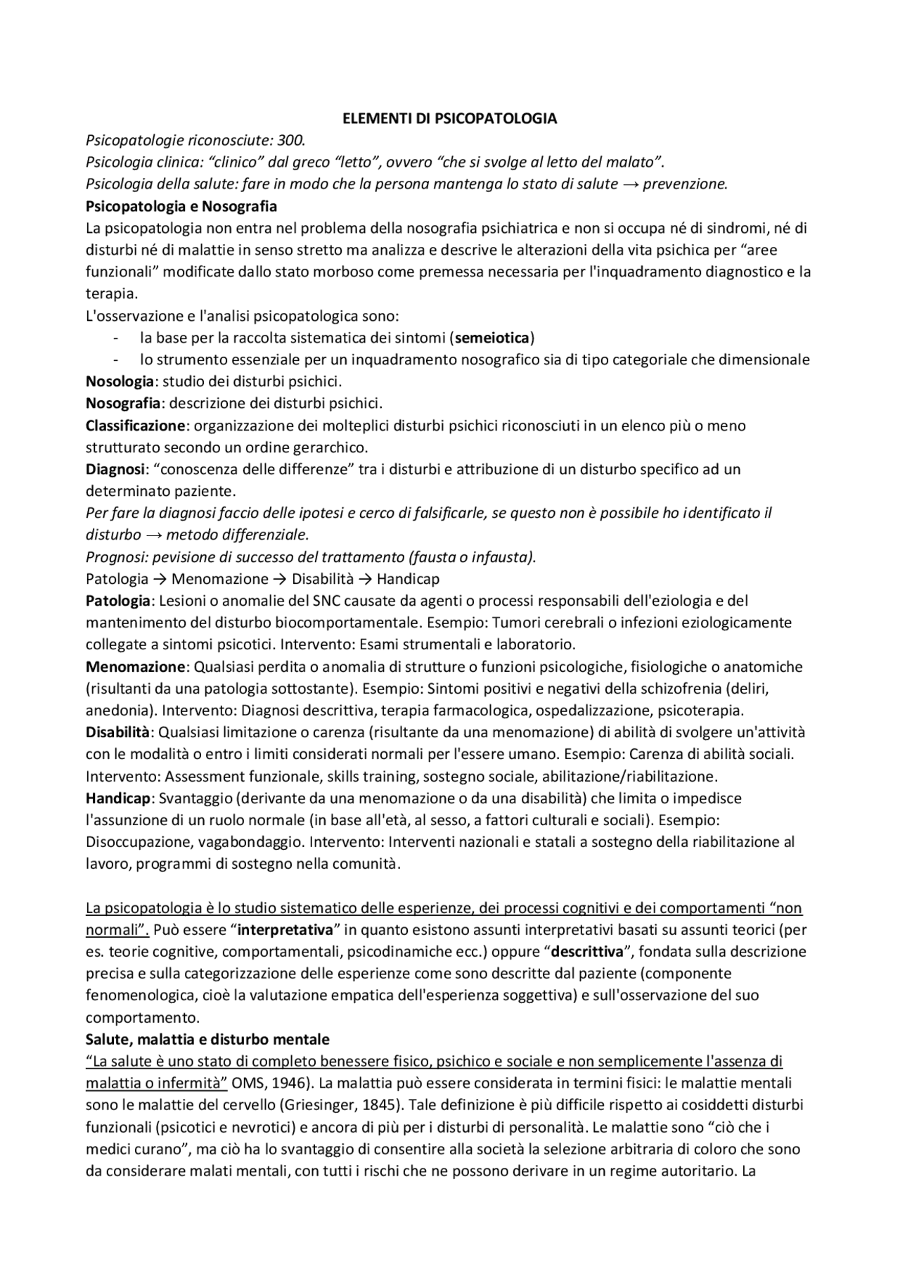 Elementi Di Psicopatologia Docsity