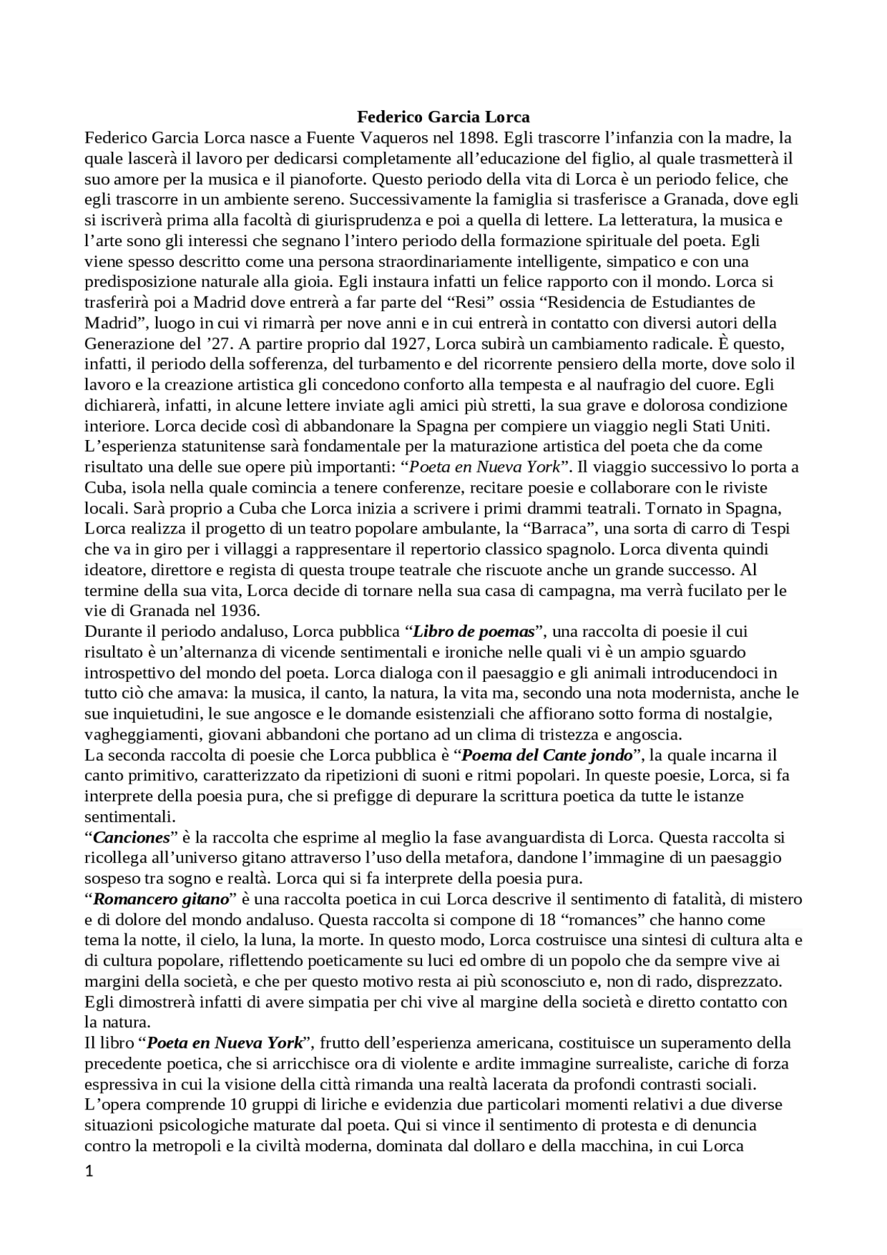 Riassunto Federico Garcia Lorca Docsity