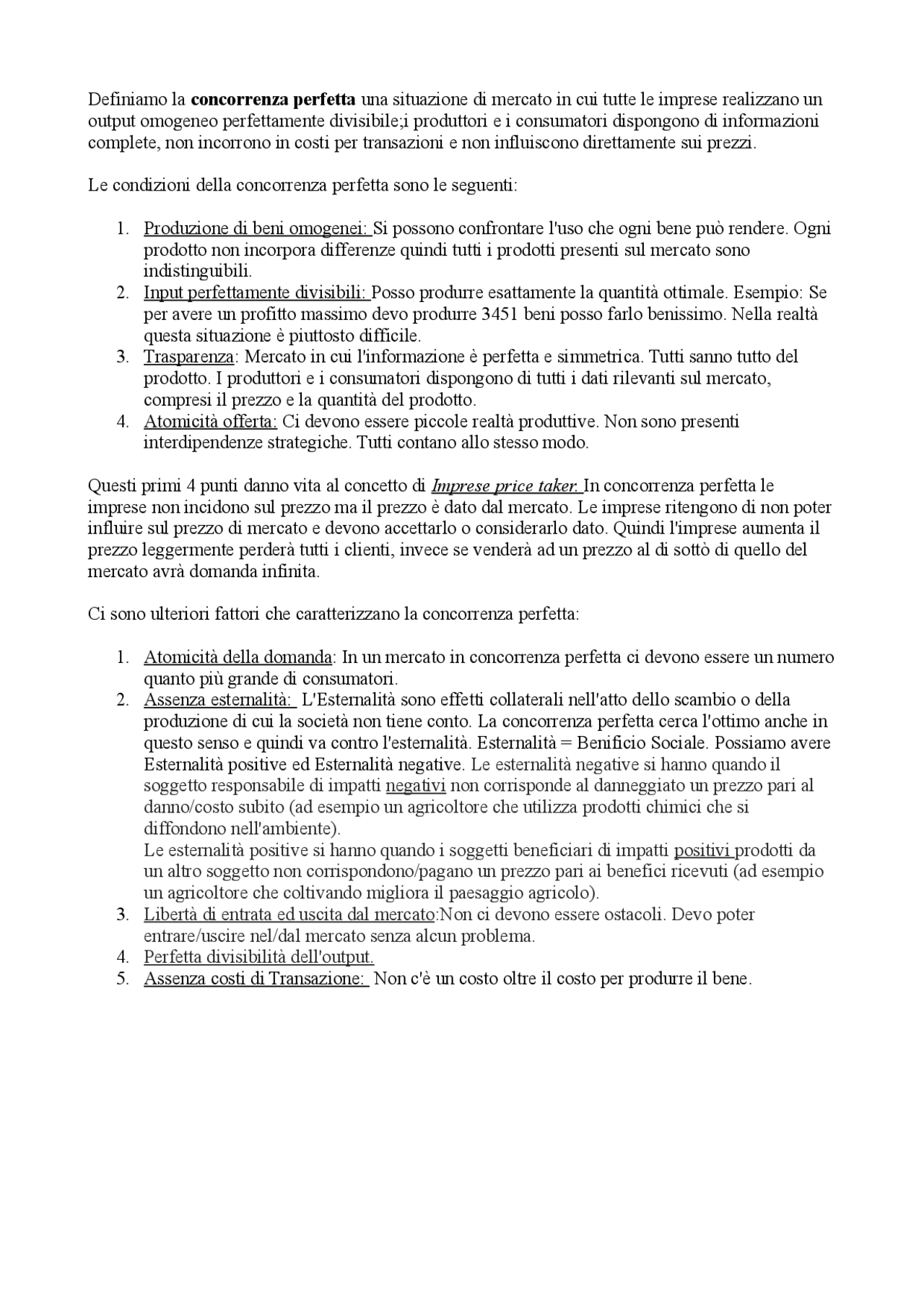 Caratteristiche Concorrenza Perfetta Docsity