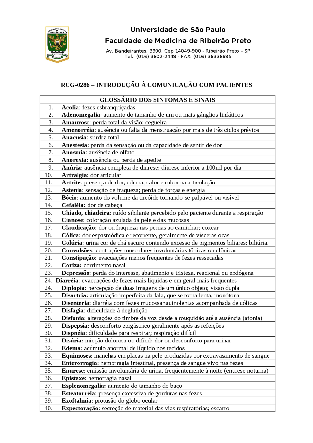 Glossario de Termos MEdicos | Notas de estudo Semiologia | Docsity