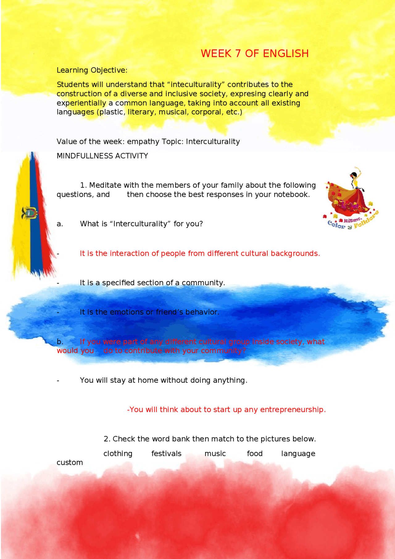 WEEK 7 OF ENGLISH.docx | Ejercicios de Inglés | Docsity