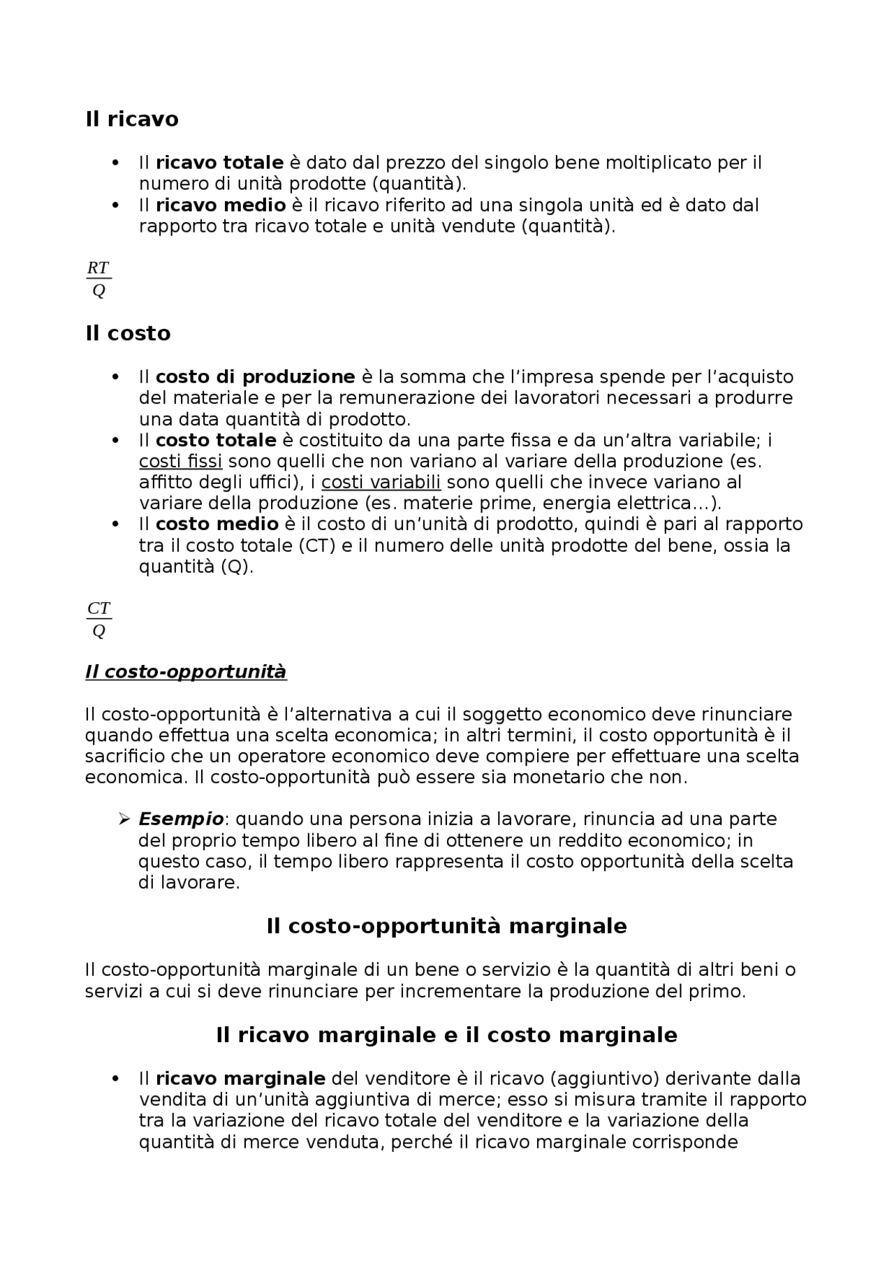 Il Ricavo E Il Costo Docsity