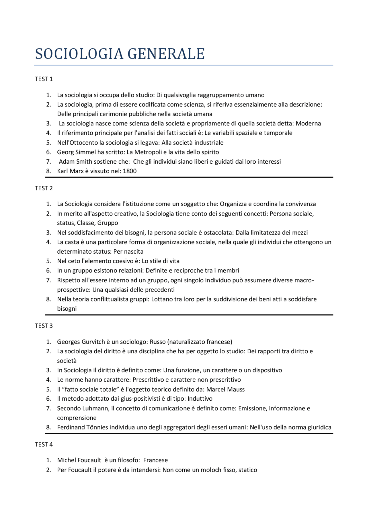 Sociologia Generale Test E Domande Docsity