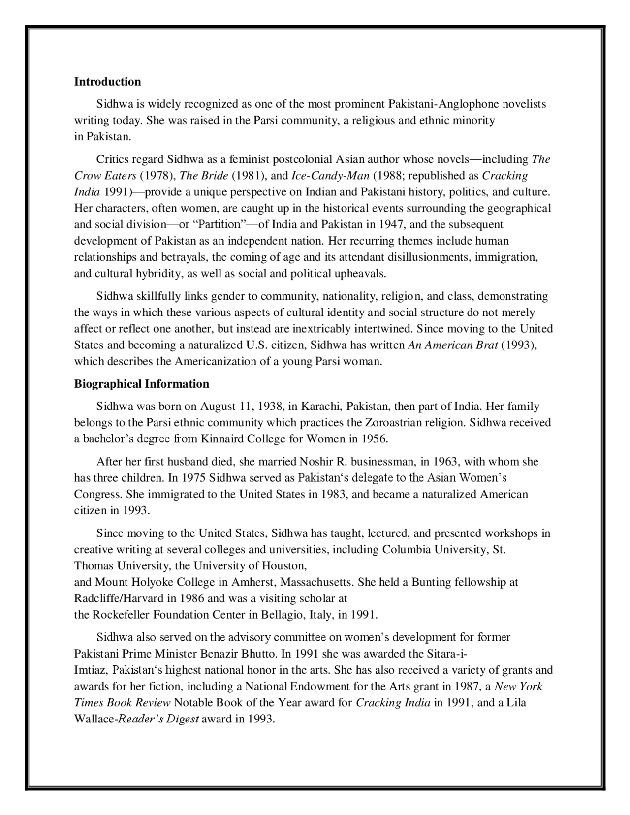 Biography of bapsi sidhwa - Docsity