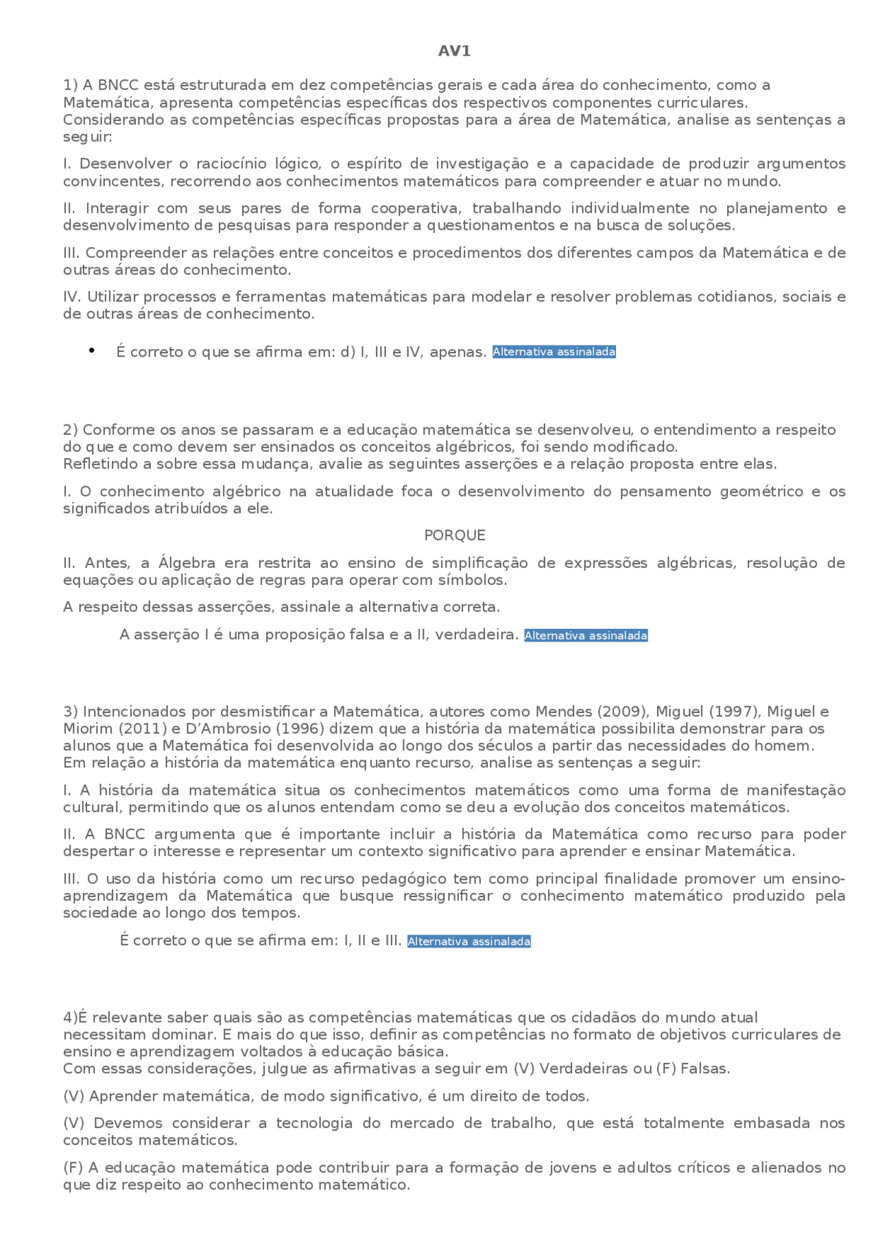 Exercícios do AVA - Aprendizagem Matemática - Pedagogia - Docsity