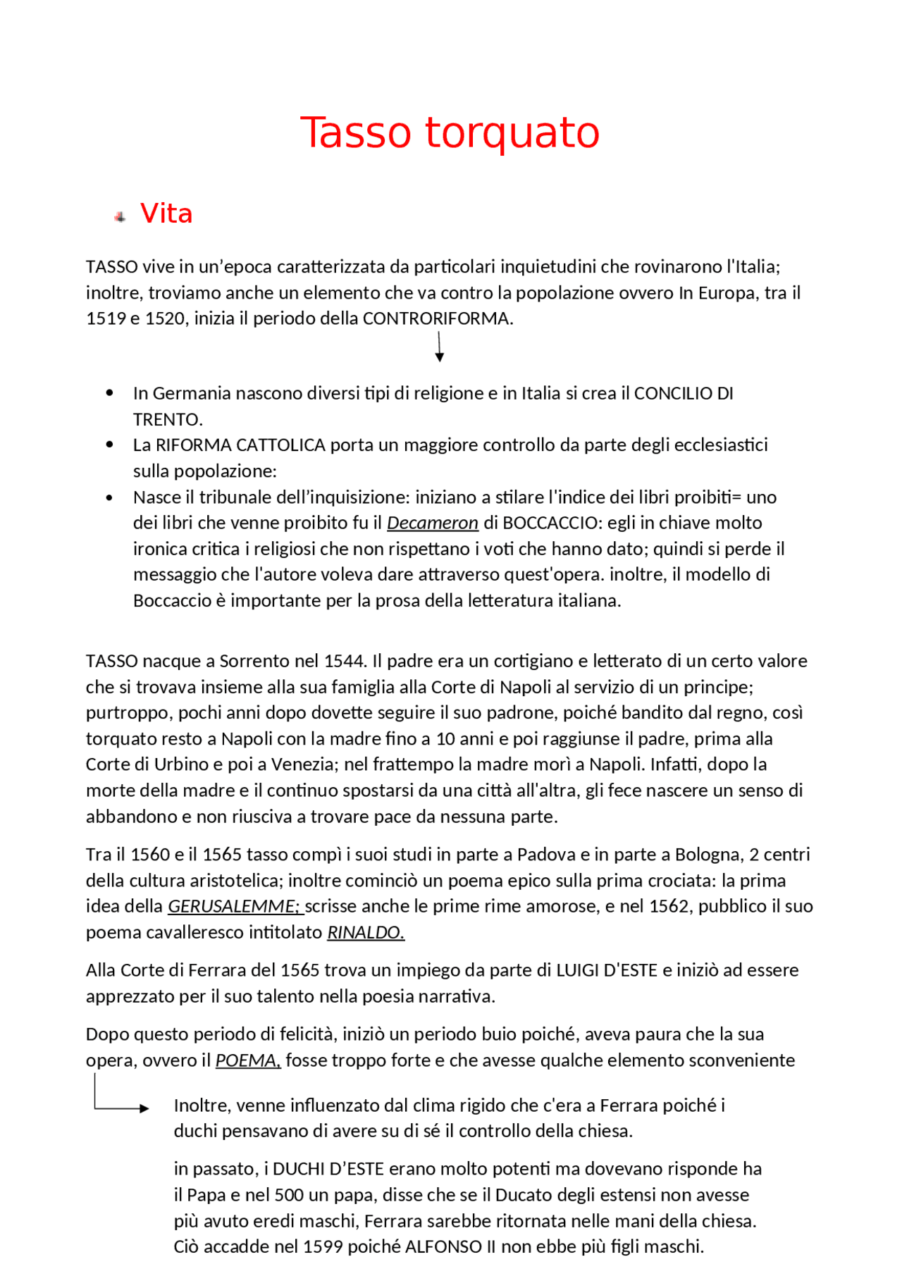 Appunti Su Torquato Tasso Docsity